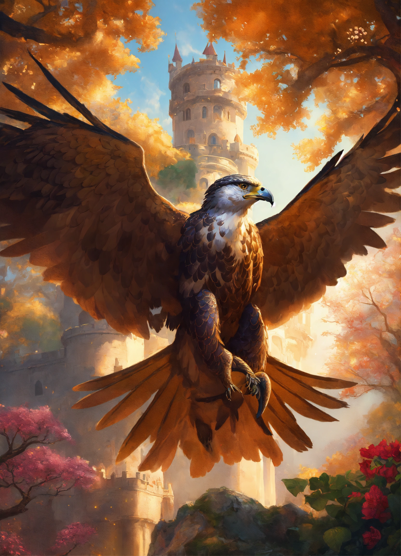 Lexica - Big animal falcon, wears magical armor, flying around castle ...