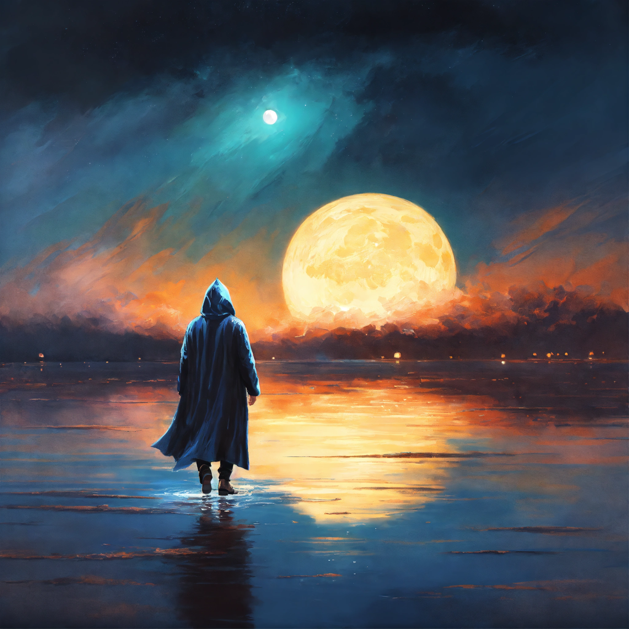 Lexica - Concept art of a hooded man walking on water during a moonless ...