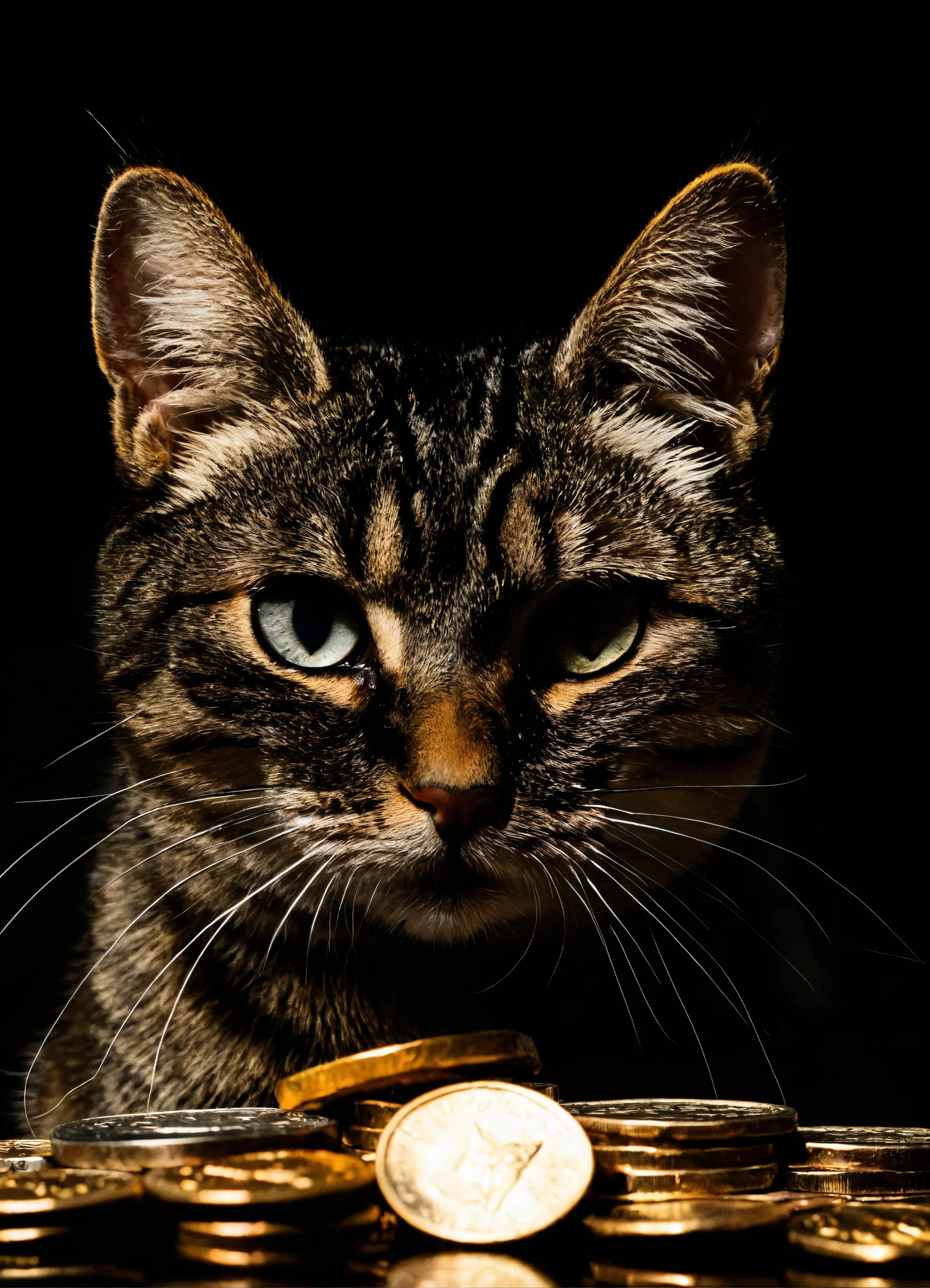 Lexica - Arrogant cat on a black background among coins