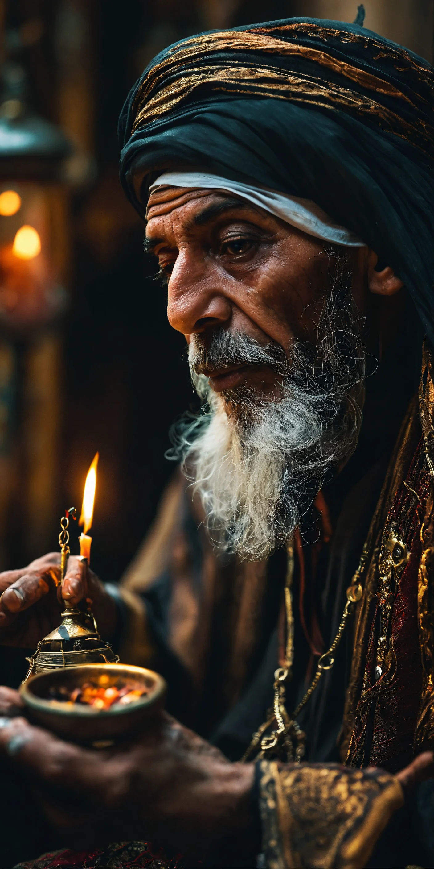 Lexica - An old Arabian magician creating a charm. Scary vibes.