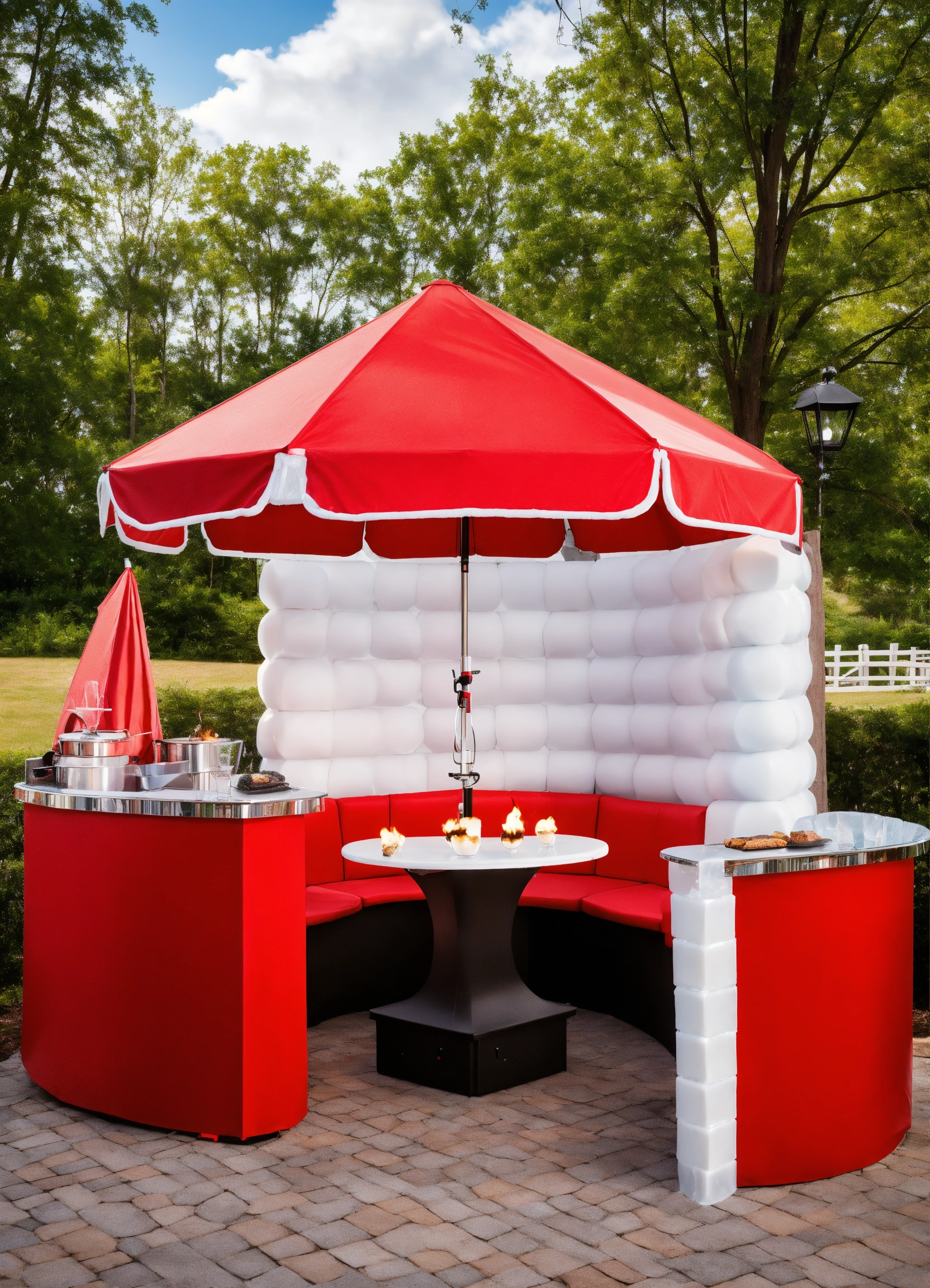 Lexica - Elegant ice igloo booth to sell smores outdoor with a red umbrella