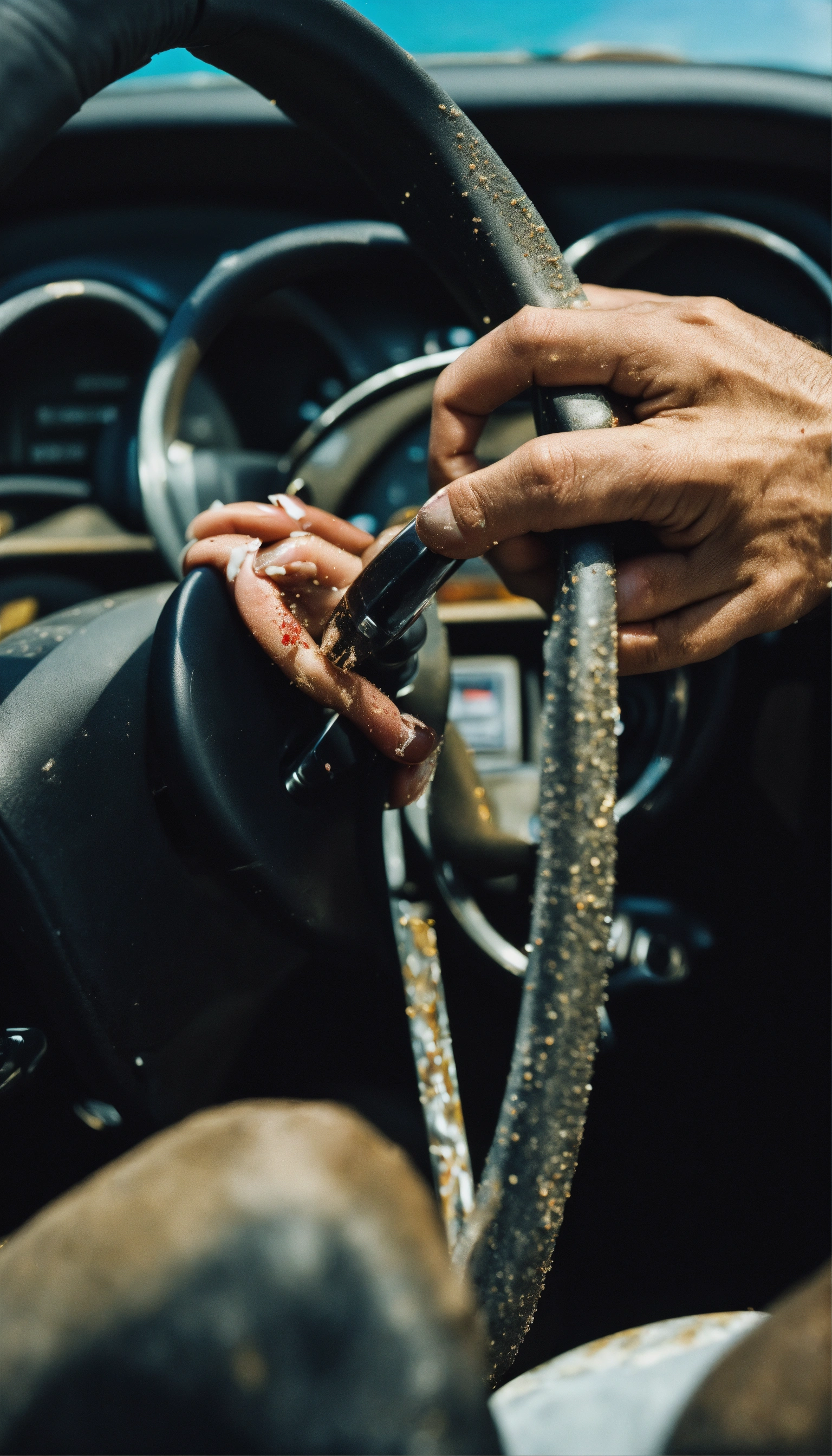 Lexica - A man’s greasy hands with unclipped nails on steering wheel