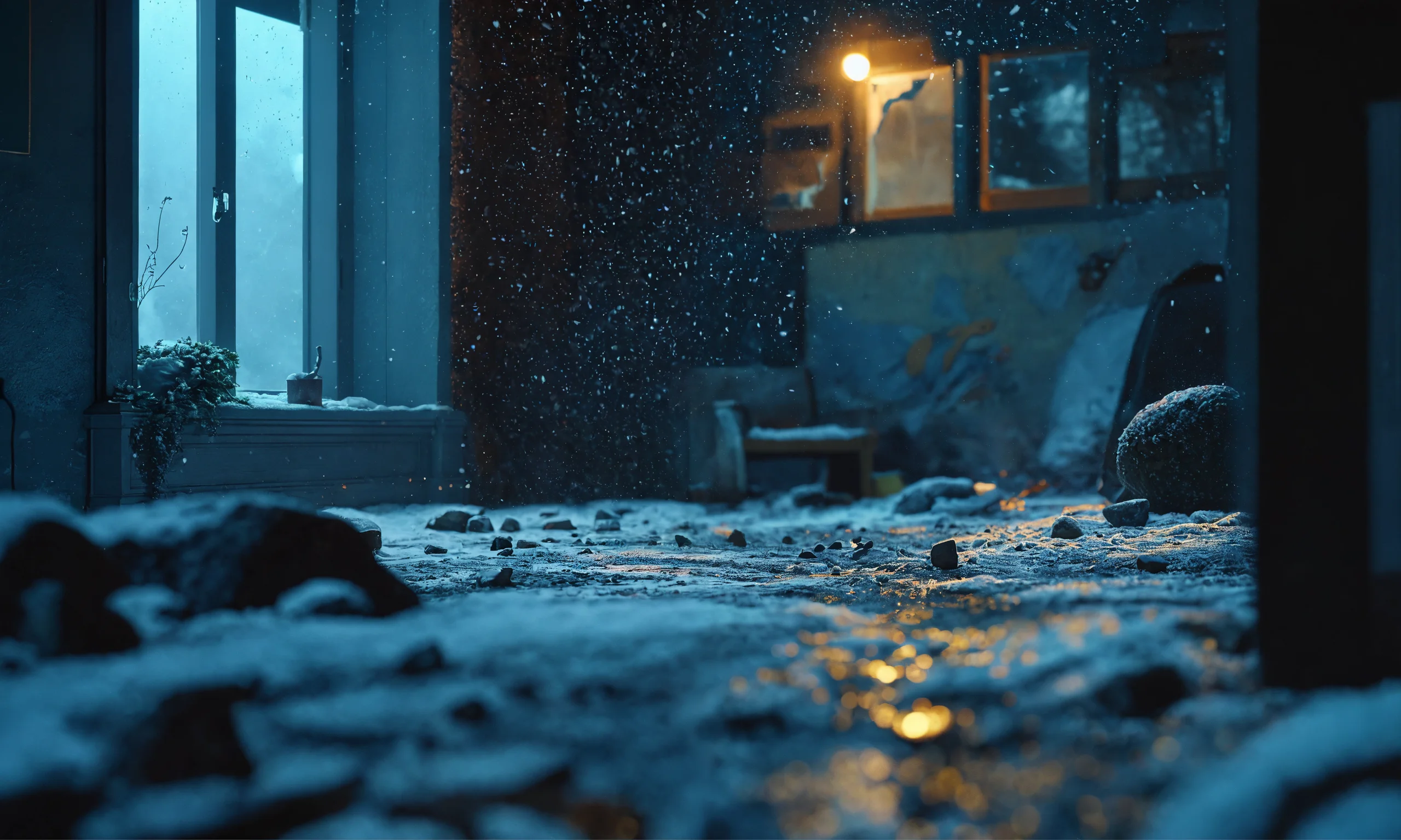 Lexica - Broken room, there's a rock concert outside, snowfull, 4k ...