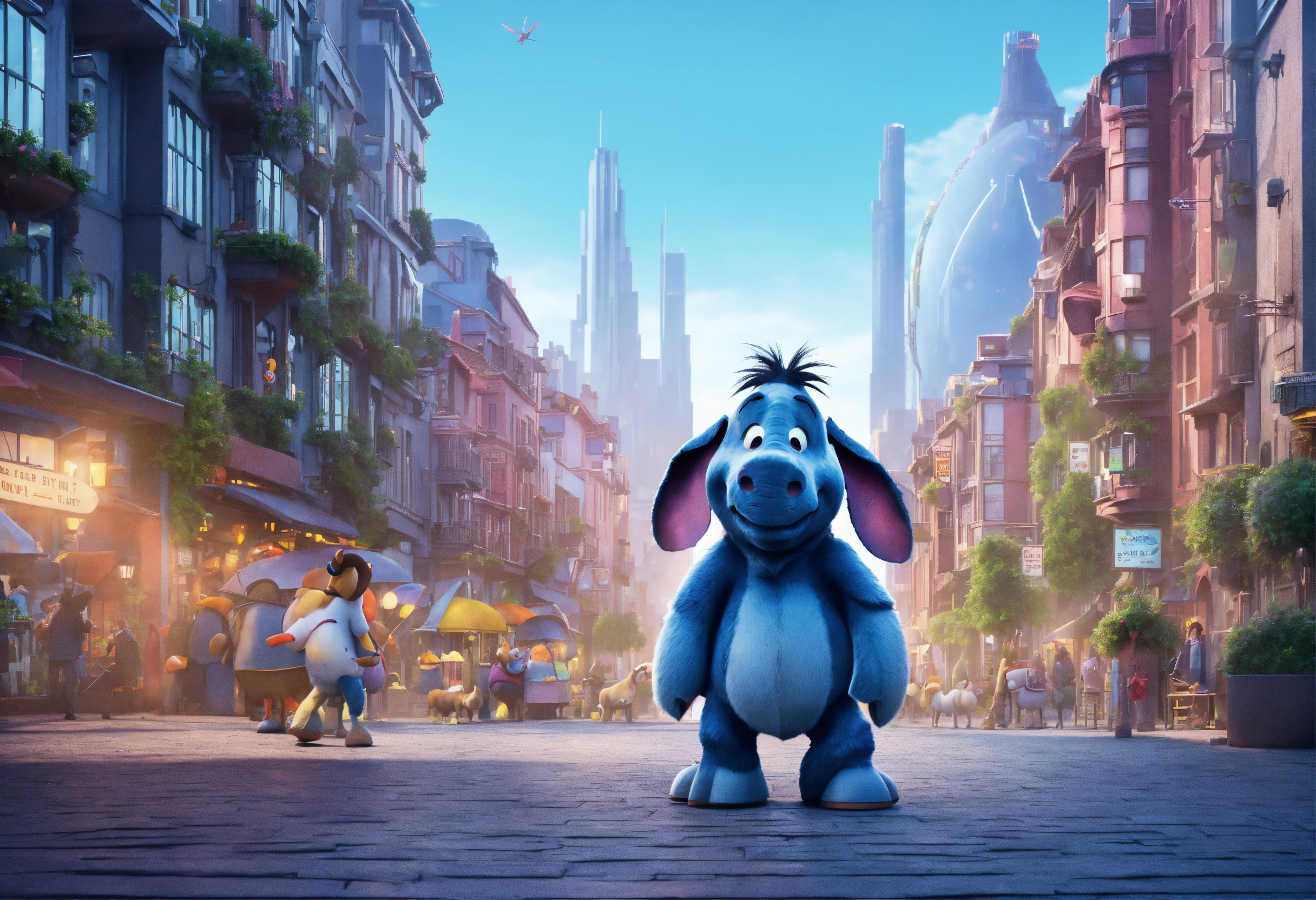 Lexica - 3D animation of Eeyore in a futuristic cityscape.