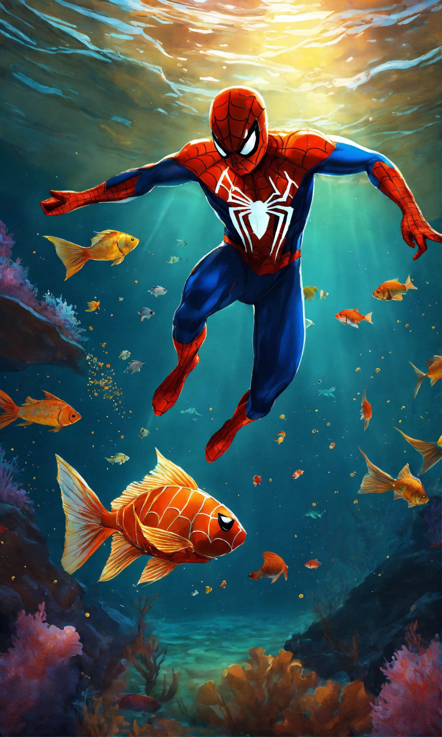 Lexica - Spiderman swimming with fish underwater in the ocean, nature ...