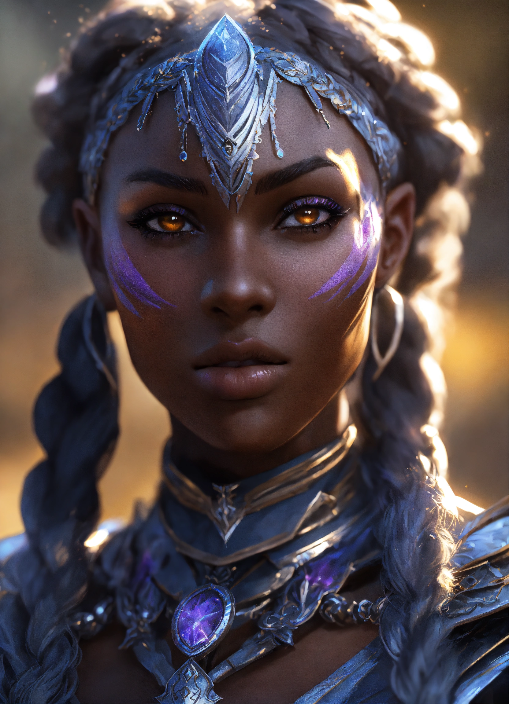 Lexica - A beautiful drow woman in sun themed armor. she has braids and ...