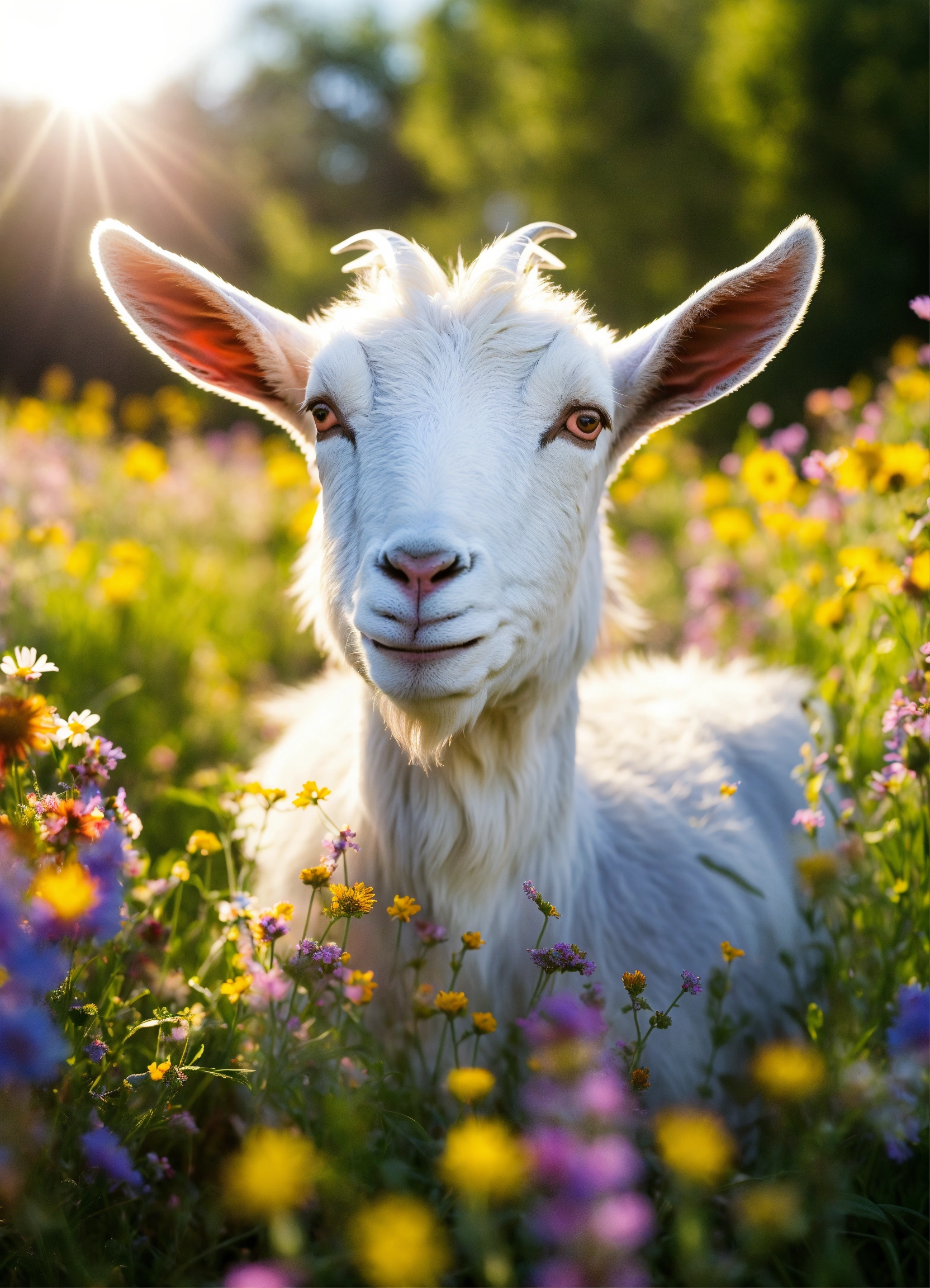 Lexica - A huggable fluffy plush goat, sitting in a meadow, surrounded ...