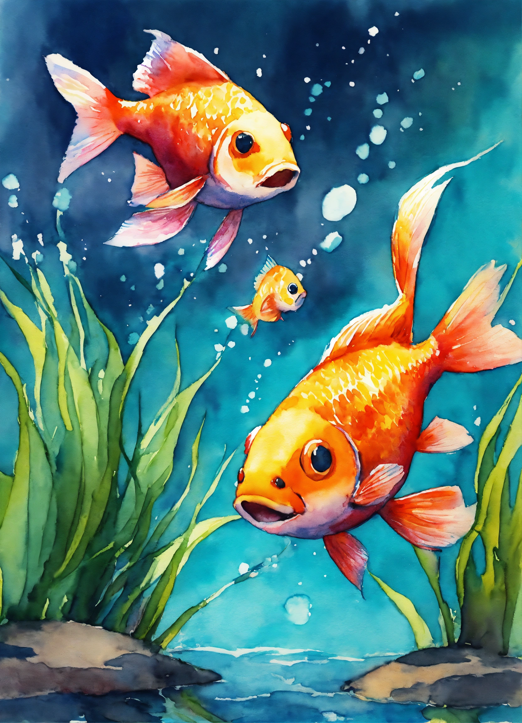 Lexica - Watercolor painting of fish jumping in a pond, watercolor ...