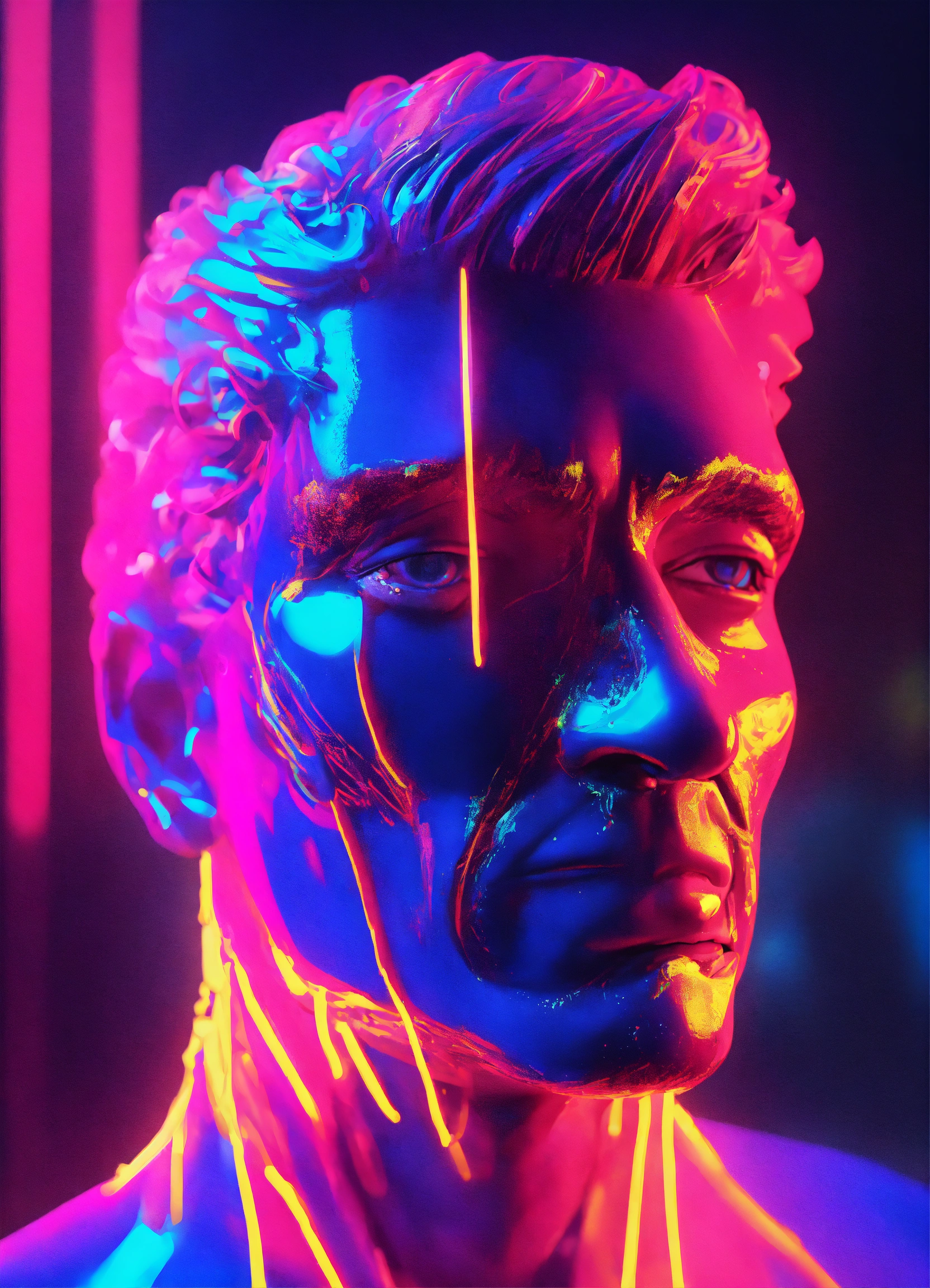 Lexica - Bust of a man's head and shoulders, neon color glow, crying ...