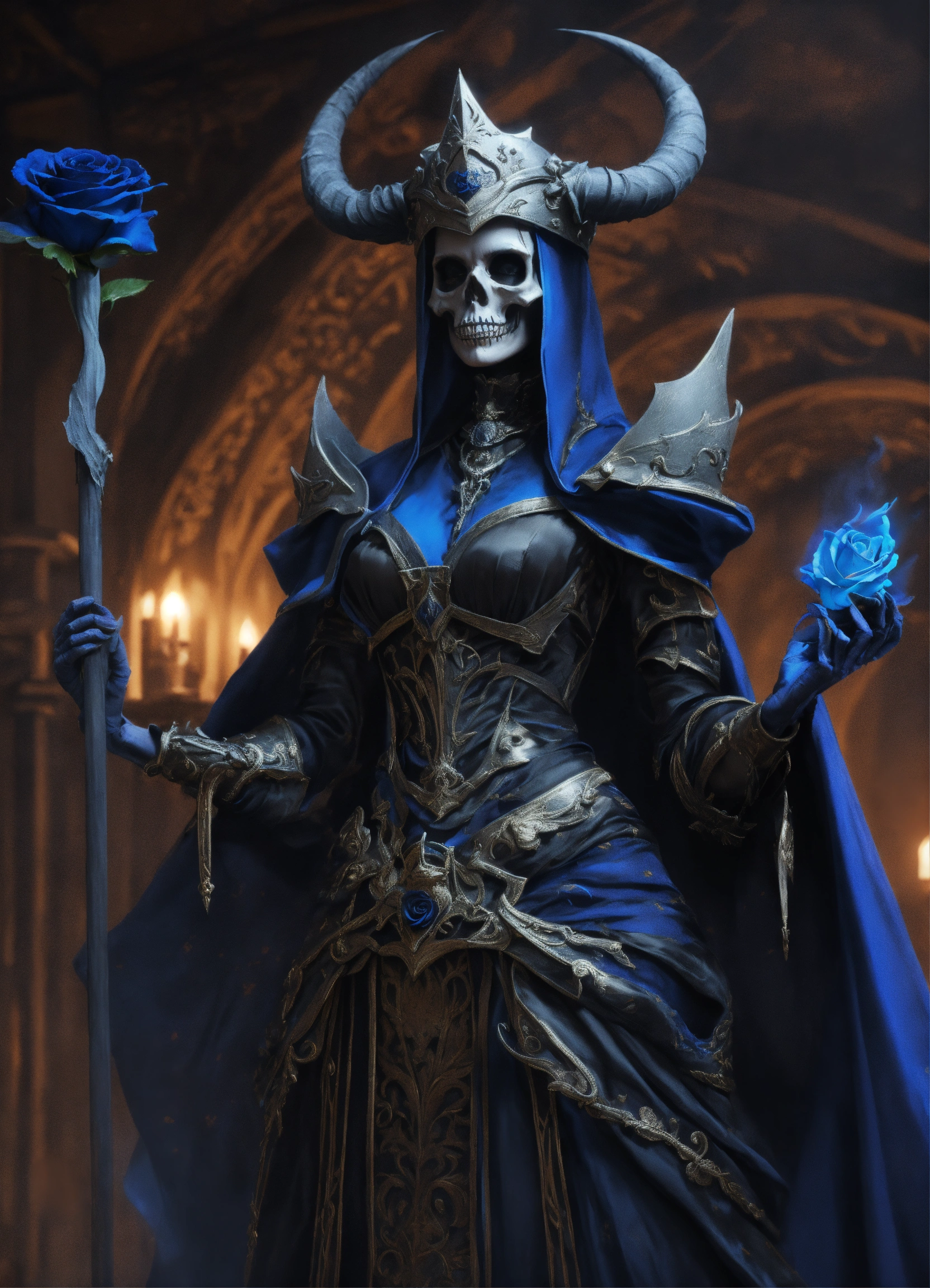 Lexica - Skeletal female lich queen with charcoal silk garbs covering her. A blue flag with a ...