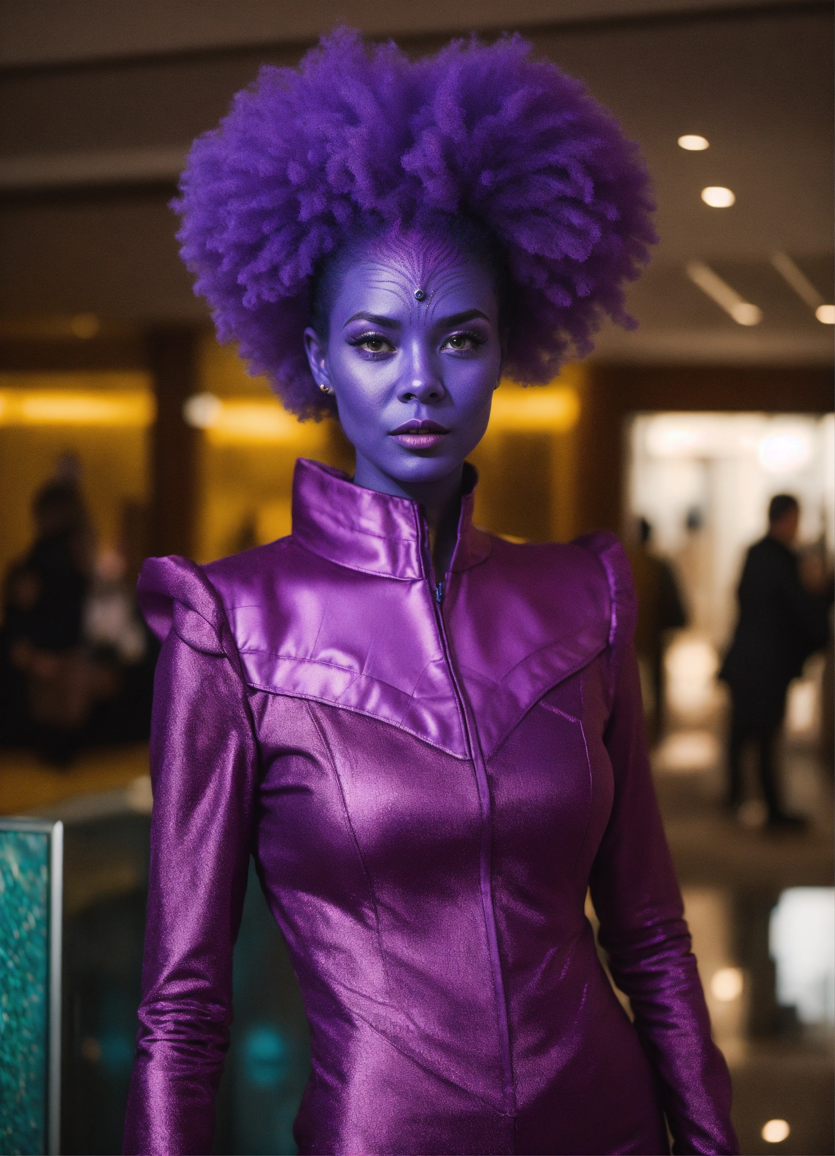 Lexica - Purple skin human looking alien female, natural hair, in fancy ...