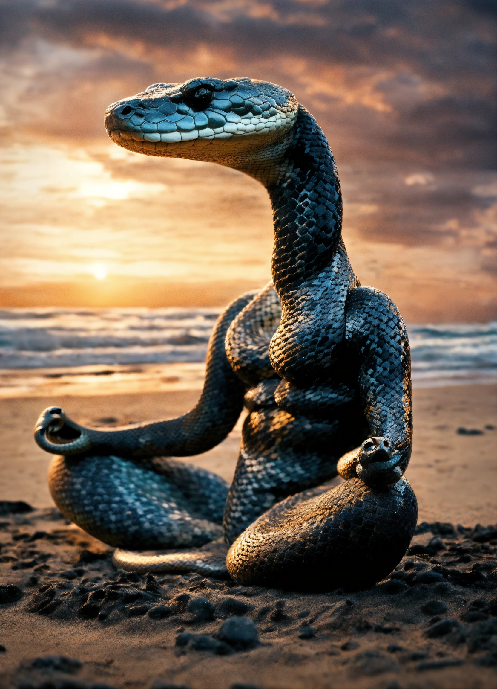 Lexica - Sly snake doing yoga at the beach, Charcoal sketch, 8k, puzzling