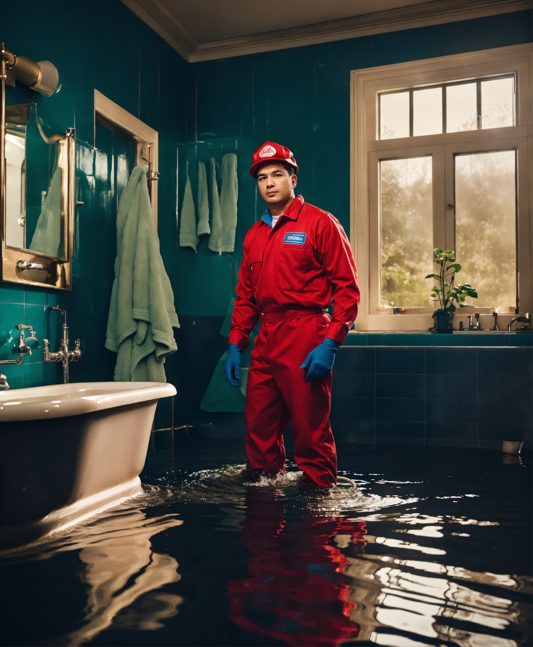 Lexica - A plumber in a red outfit stands inside a flooded and chic ...