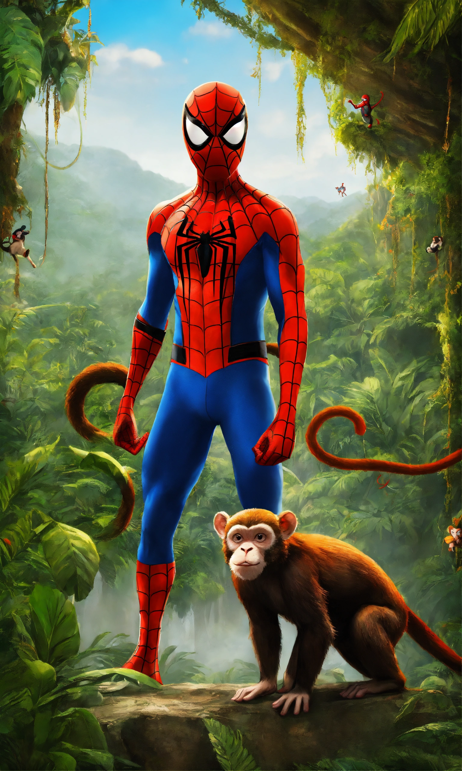 Lexica - Spiderman with Monkey in the Jungle, 2D render, full-body view ...