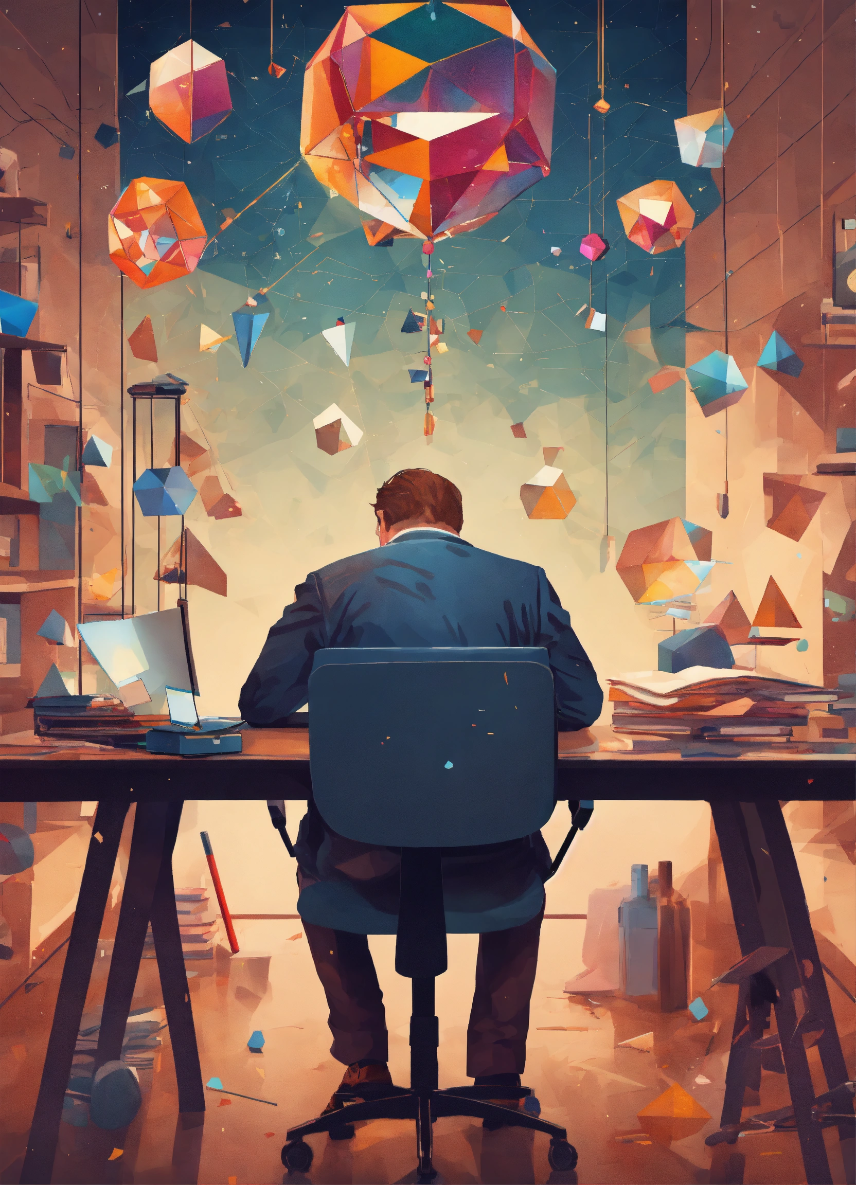 Lexica - Thoughts falling down into a man's head while he's sitting on a desk writing geometric ...