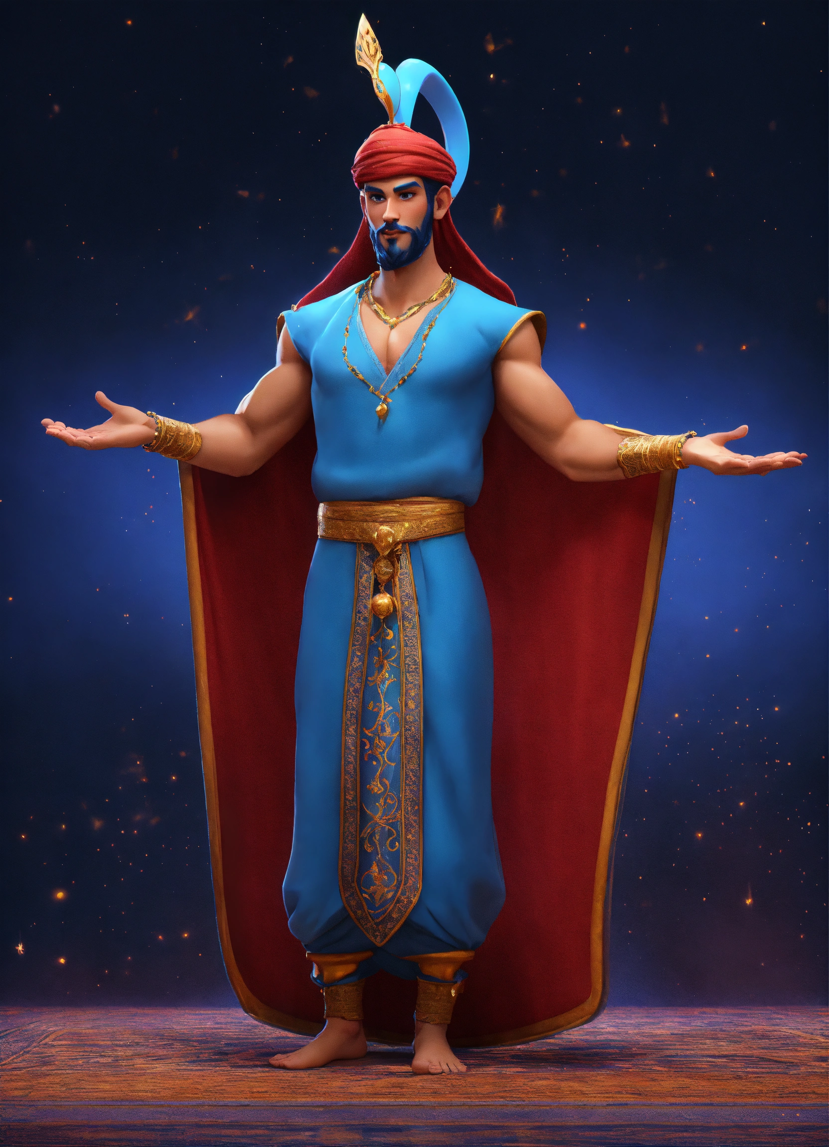 Lexica - Create a 3D rendering of a magical blue Arabian male genie ...