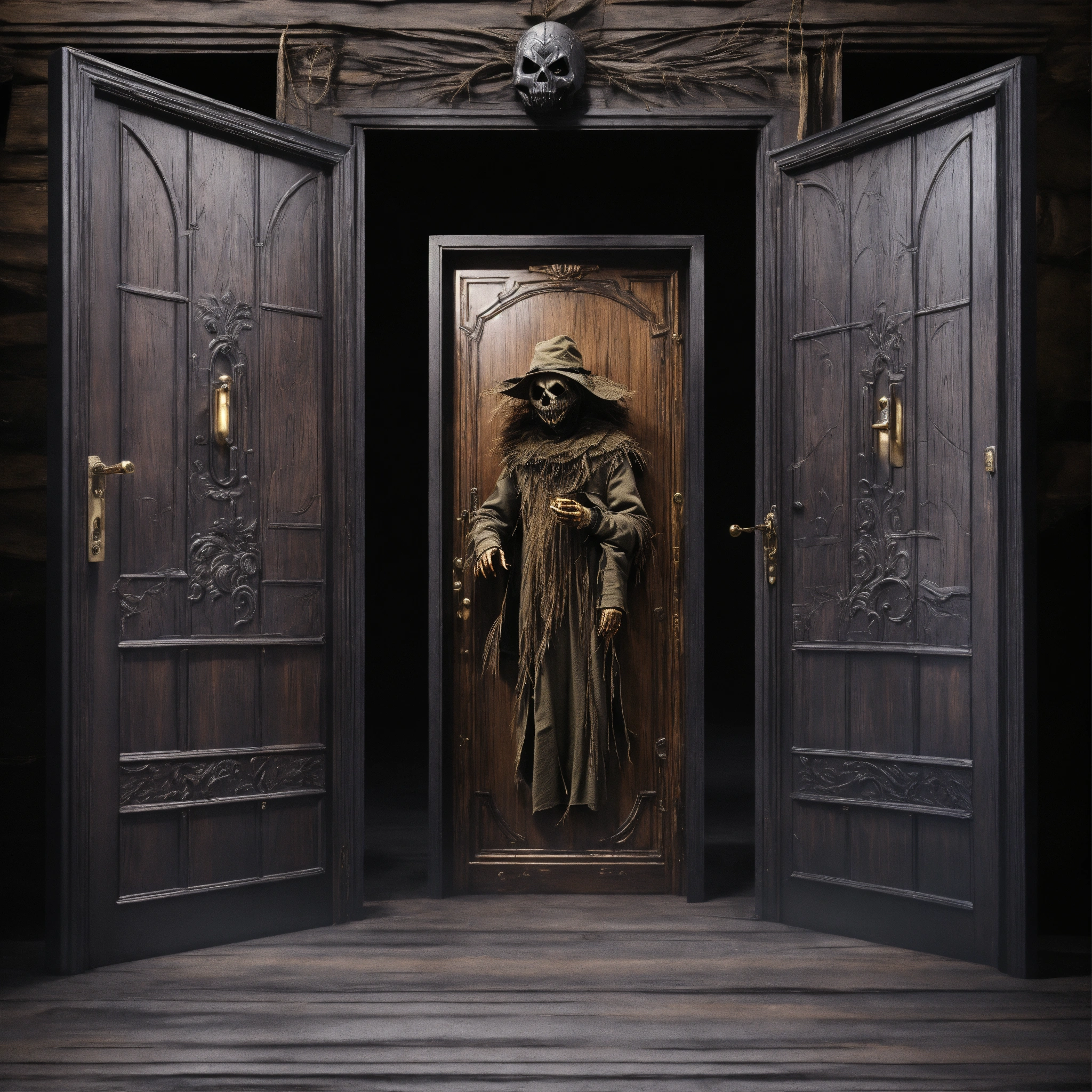Lexica - 3D creepy haunted doors engraved scarecrow engraved obsidian ...