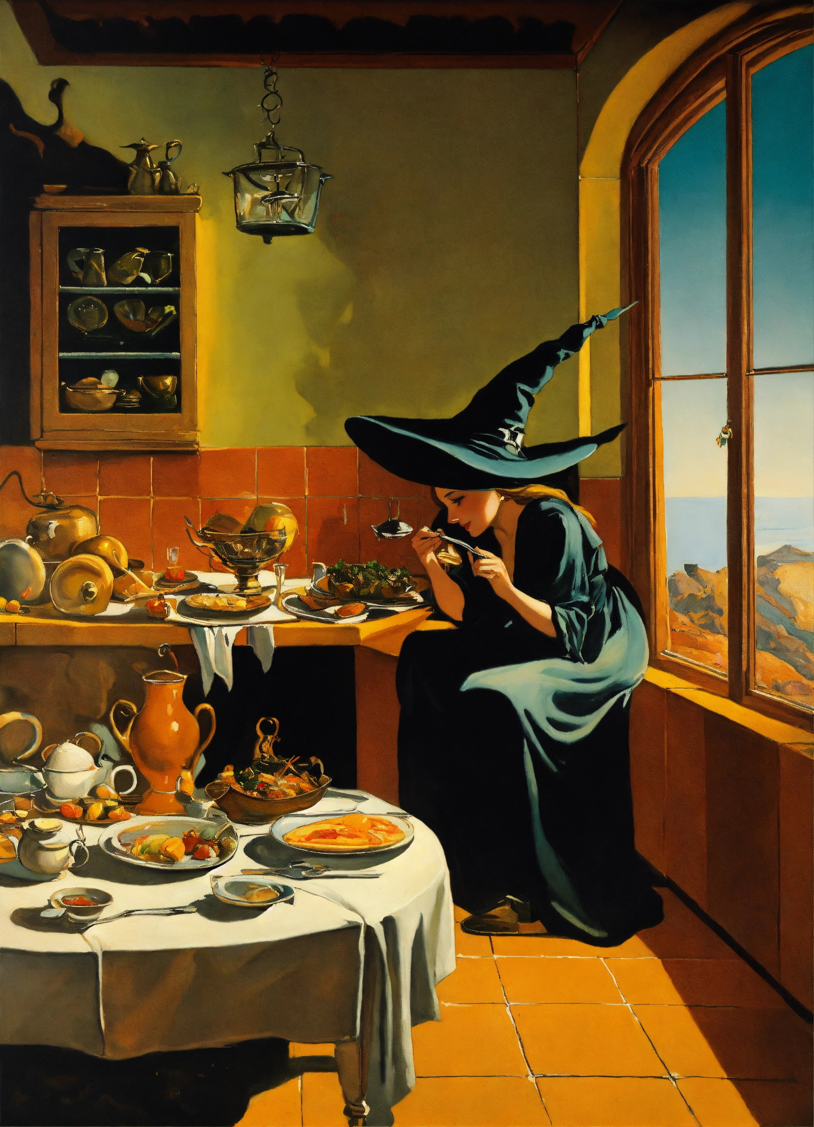 Lexica - Witch in a vintage kitchen enjoying their meal, oil painting ...