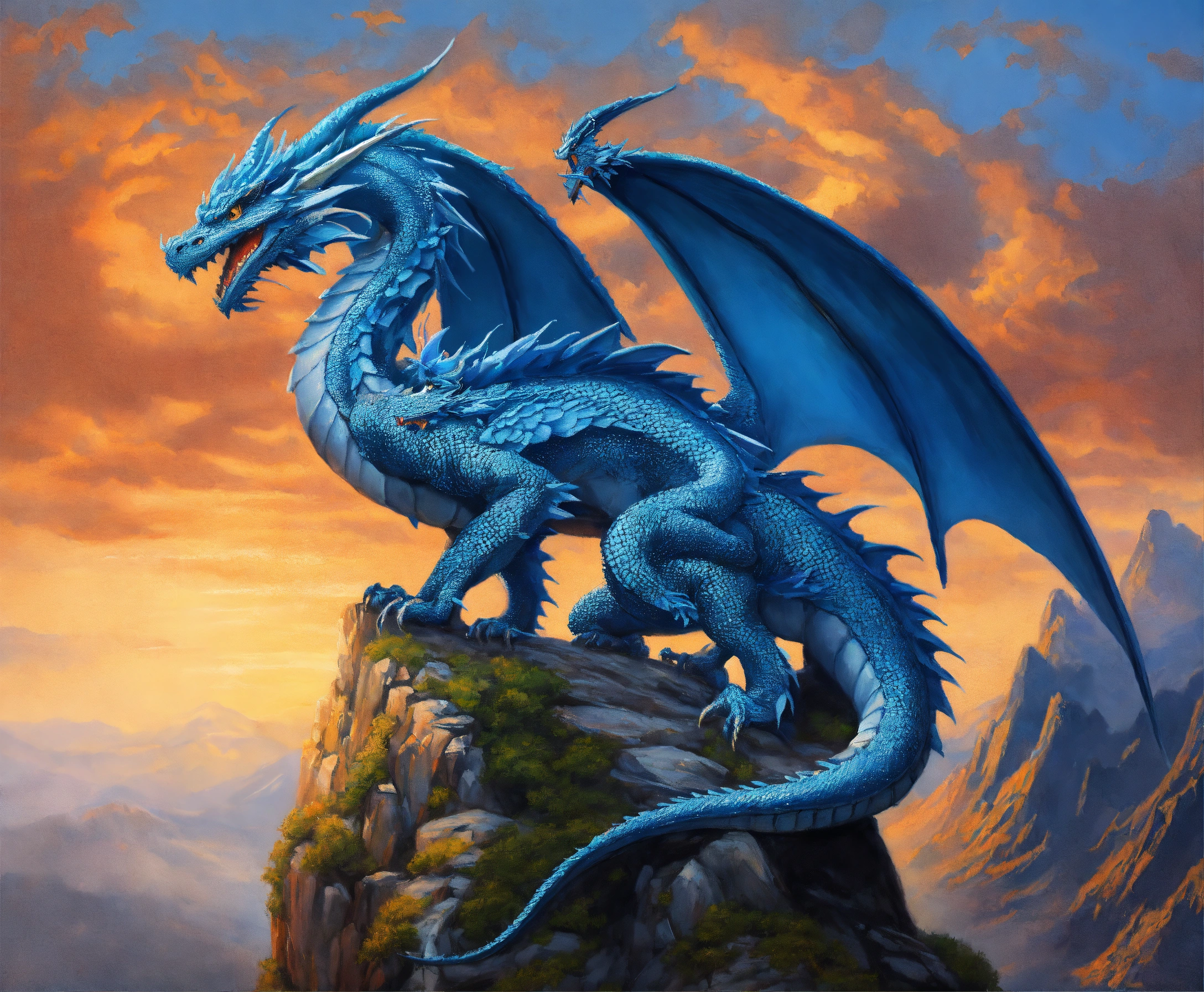 Lexica - Oil painting of two blue dragons touching each other on top of ...