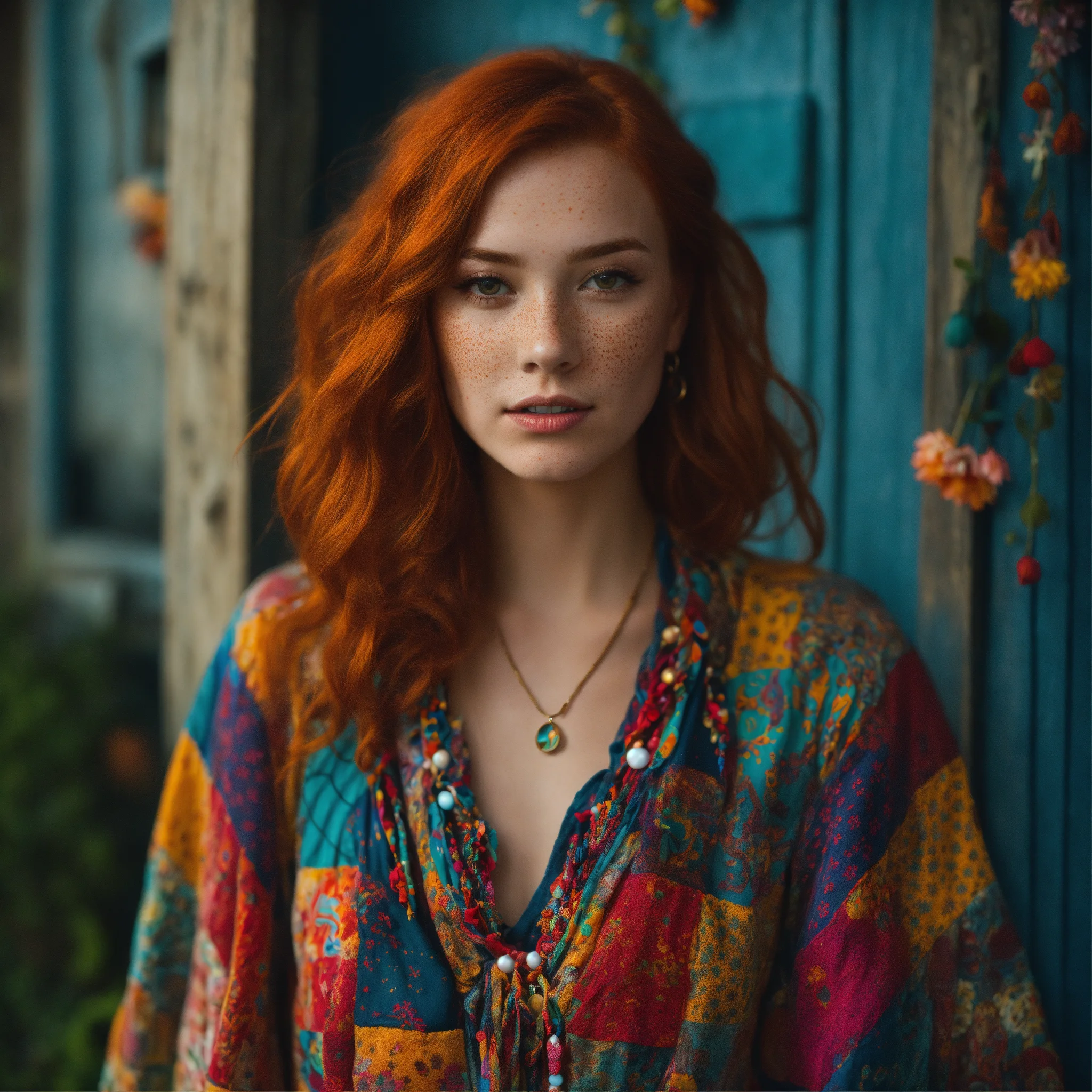 Lexica - Gorgeous redhead with freckles, wearing a colorful, vibrant ...