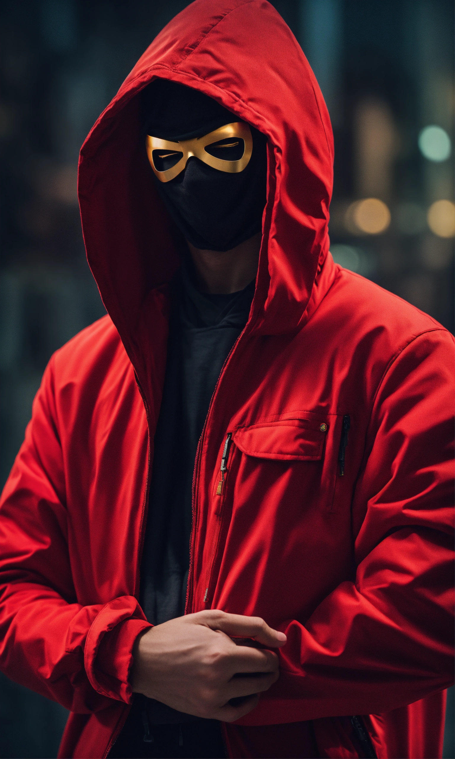 Lexica - Anonymous hacker in red jacket with dark hidden face with one ...