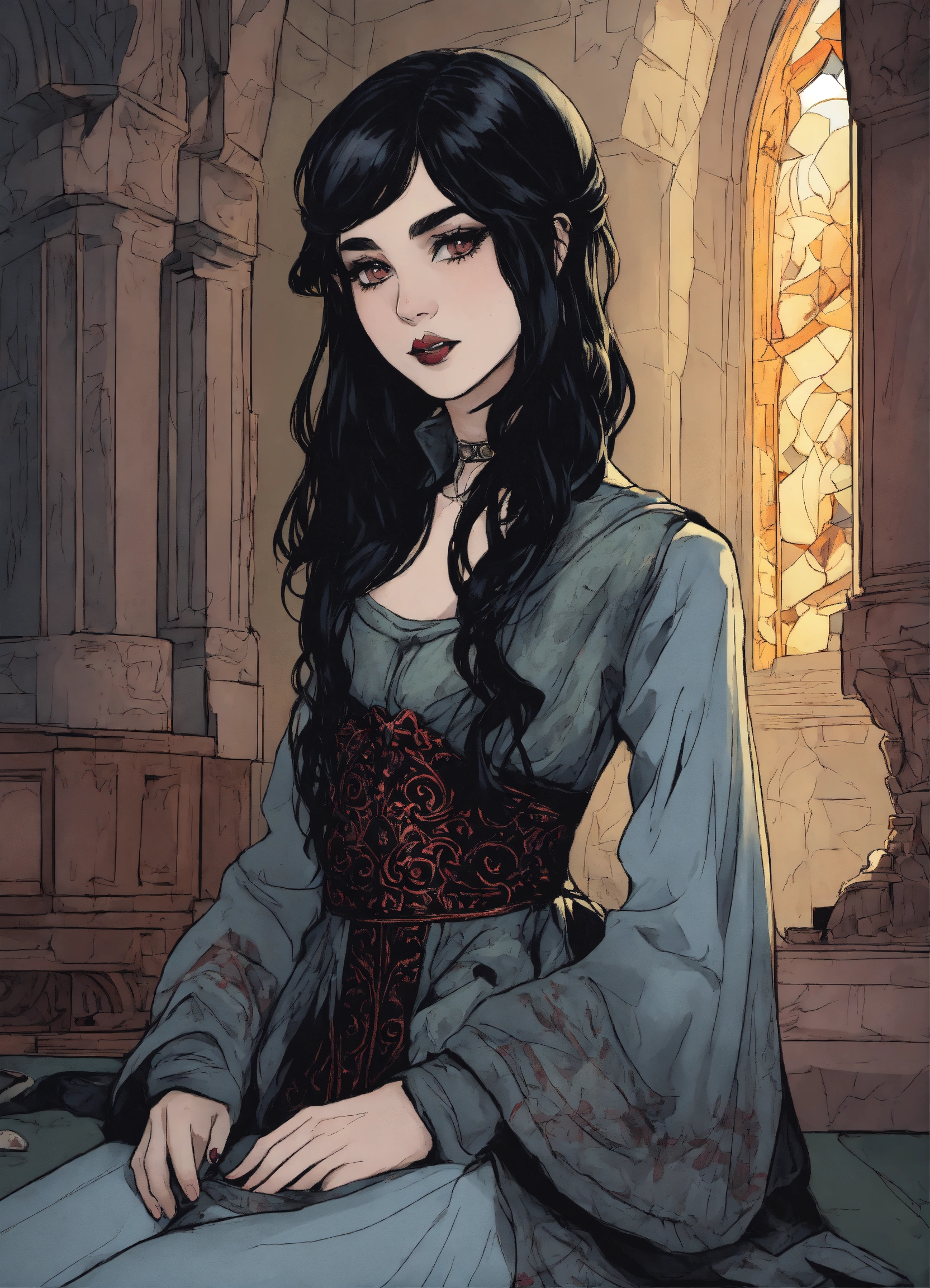 Lexica - Medieval goth young ghost girl with black hair . comic