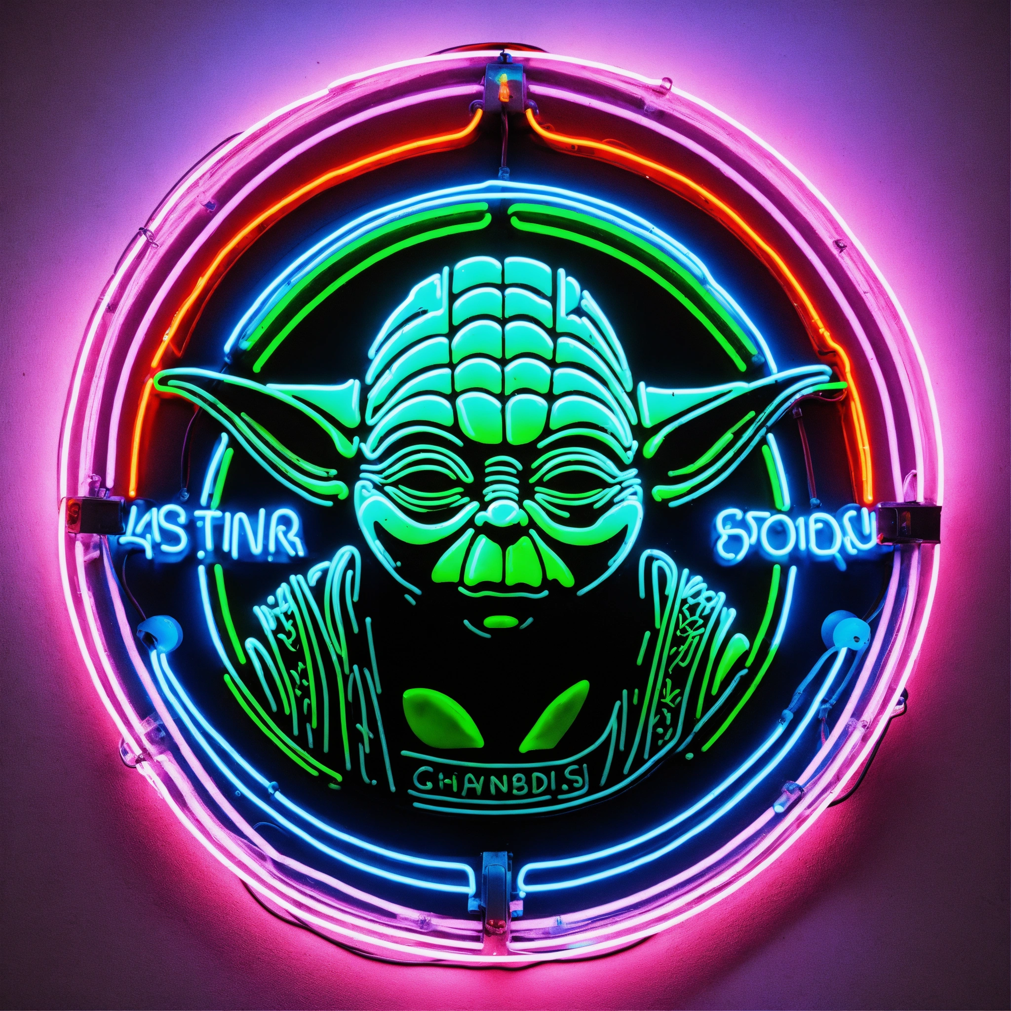 Lexica - A rounded neon sign with Master Yoda and cannabis on it