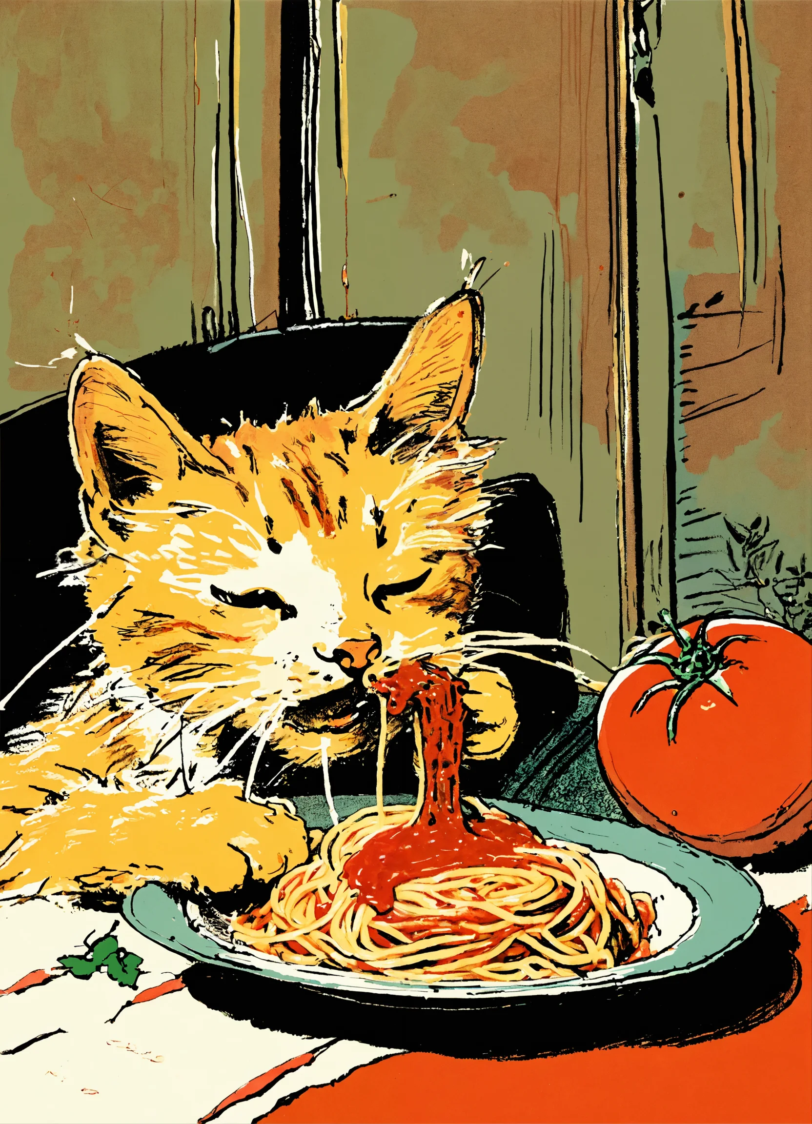 Lexica - A cute cat eating messy spaghetti with tomato sauce ...