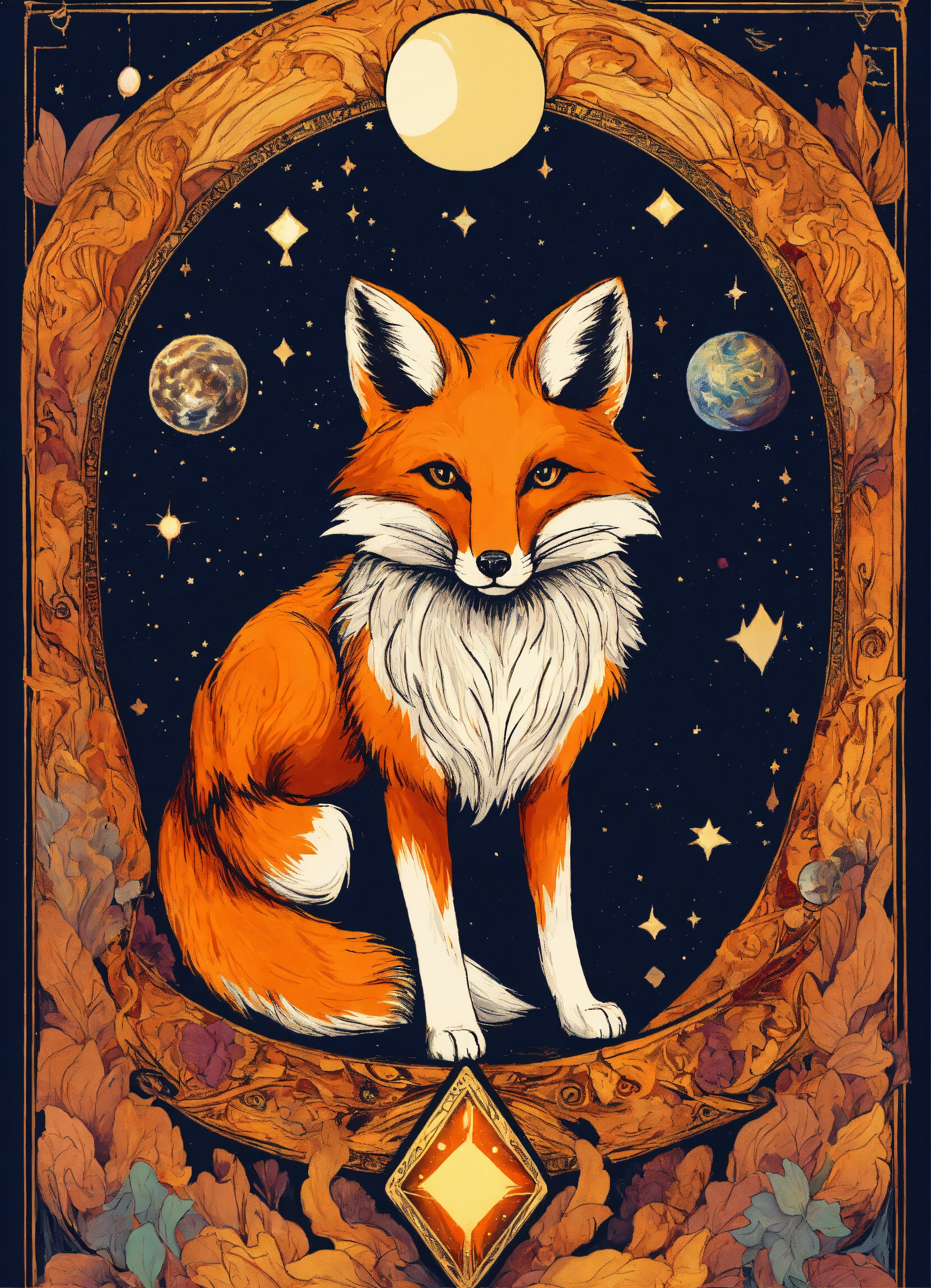 Lexica - Fox power animal in the style of tarot card, cosmic