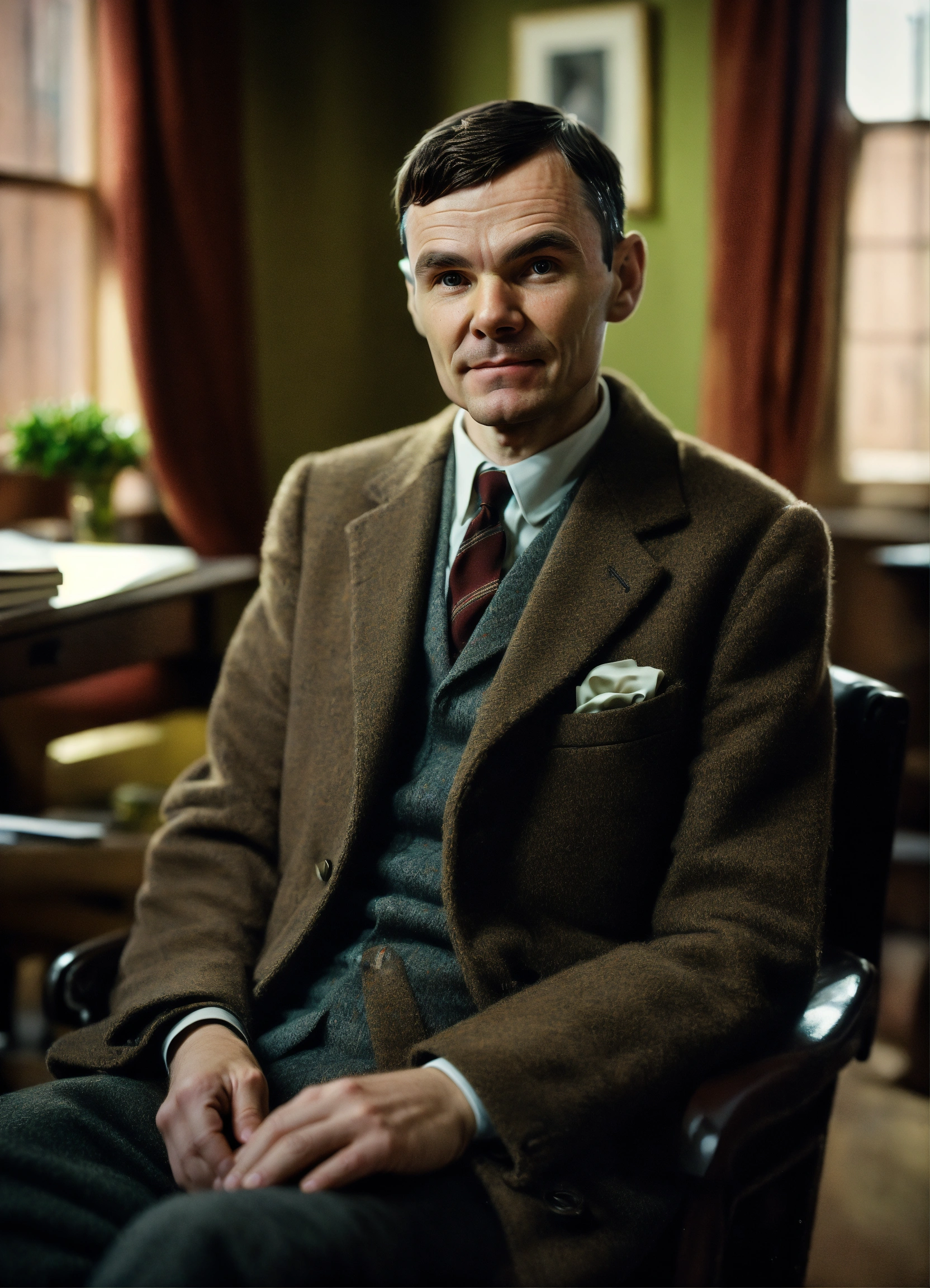 Lexica - A portrait of Alan Turing looking at the camera in a cosy ...