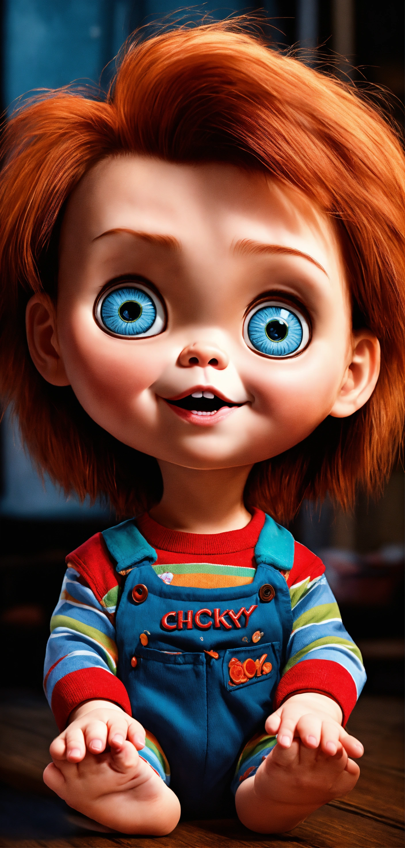 Lexica - Chucky as a cute baby cartoon, big eyes Ultra realist