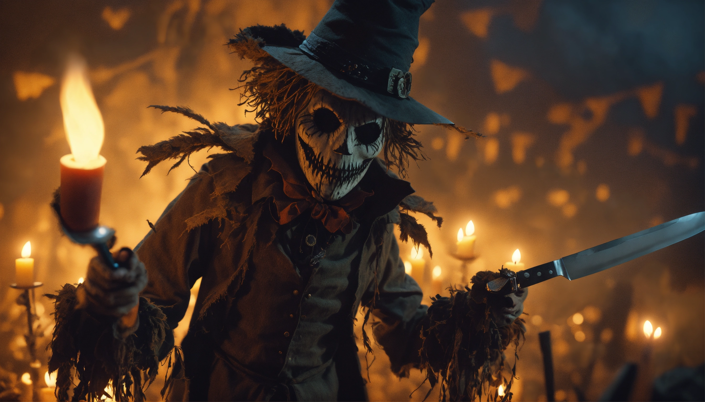 Lexica - A very scary scarecrow holding a large knife, Halloween, night ...