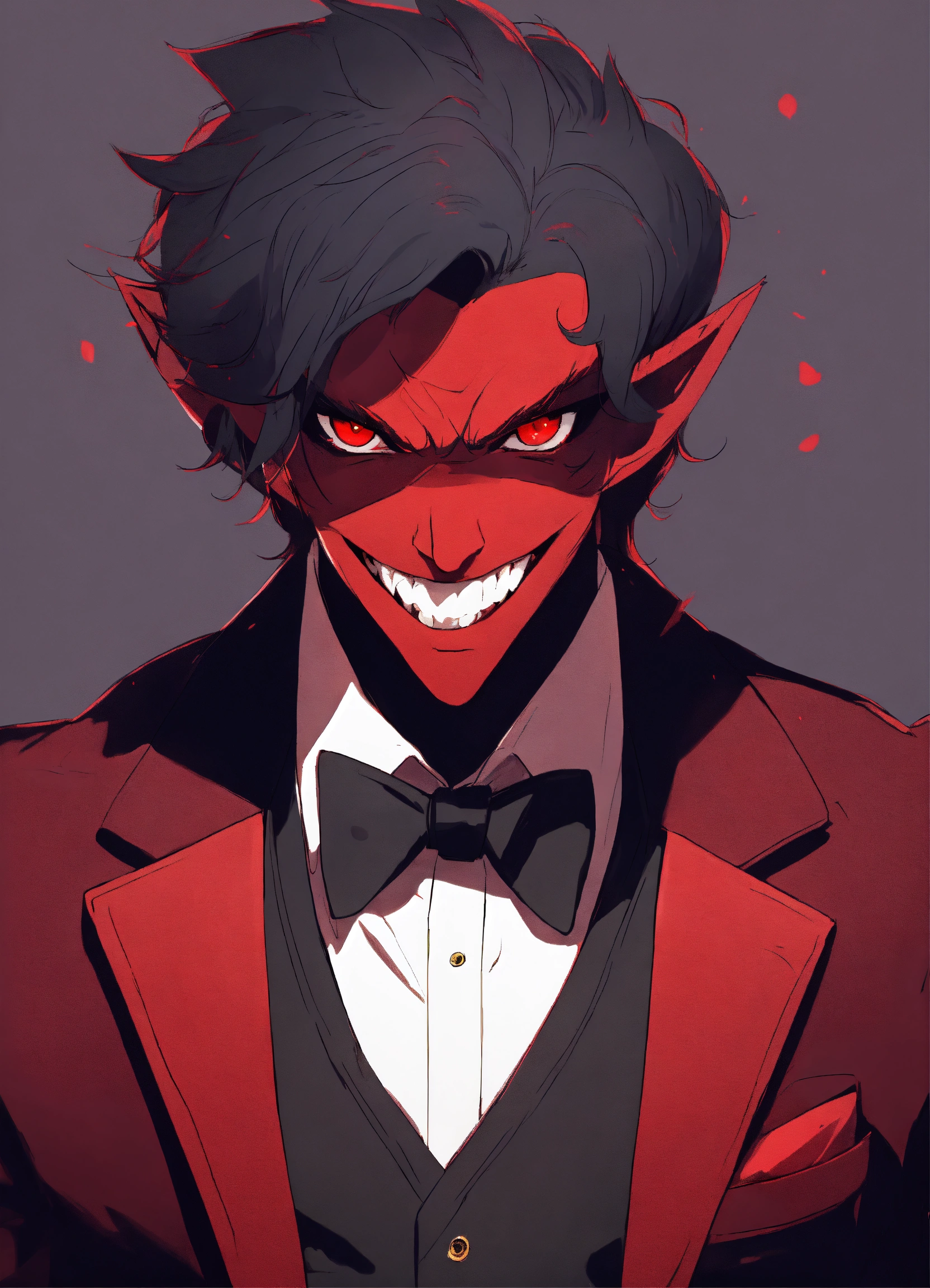 Lexica - 2D Cartoon Demon, red eyes, wide grin, red suit with black ...