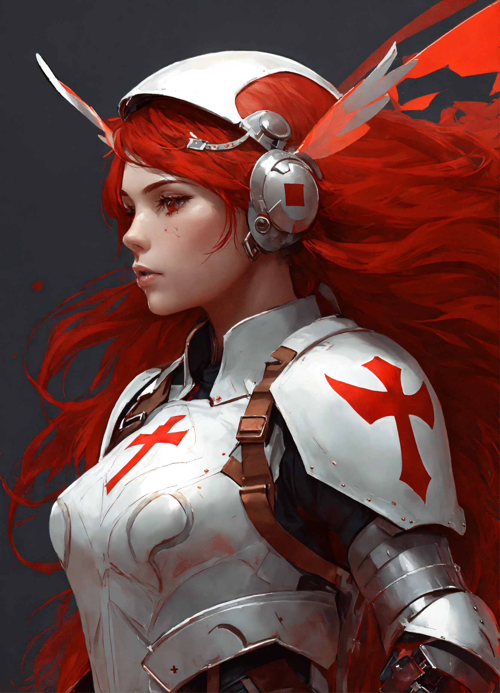 Lexica - Female athletic red hair wearing white metal armor with red ...
