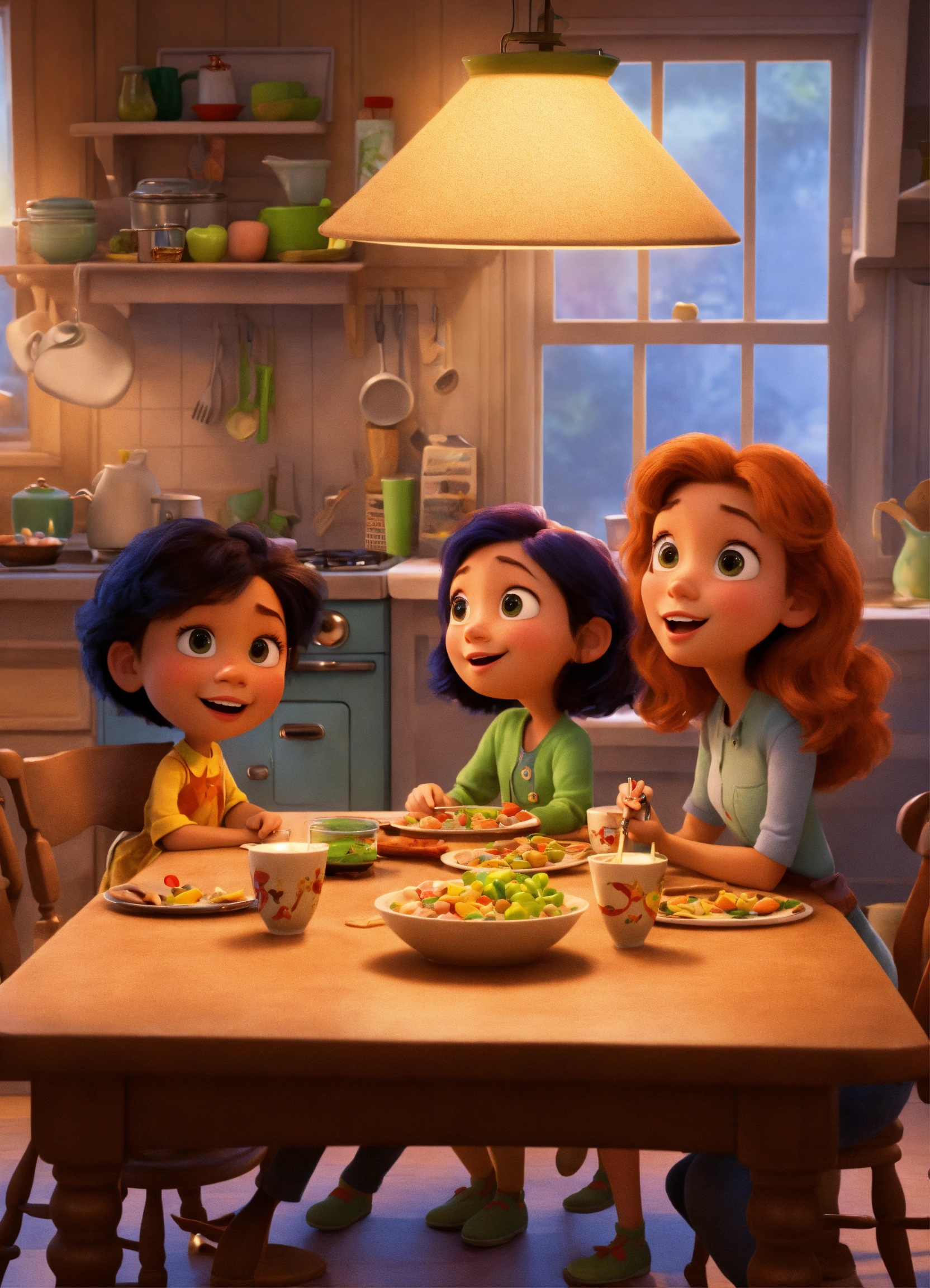 Lexica - Pixar animation of Mia's family gathered at the kitchen table ...