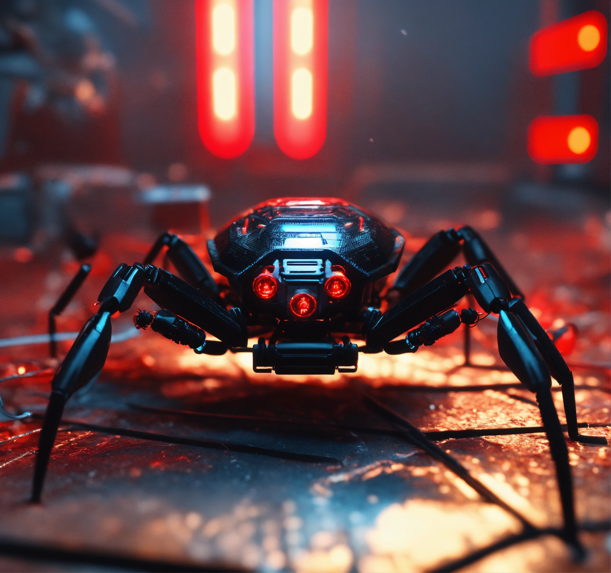 Lexica - Zoom out on a group of 5 small black spider bots with sharp ...