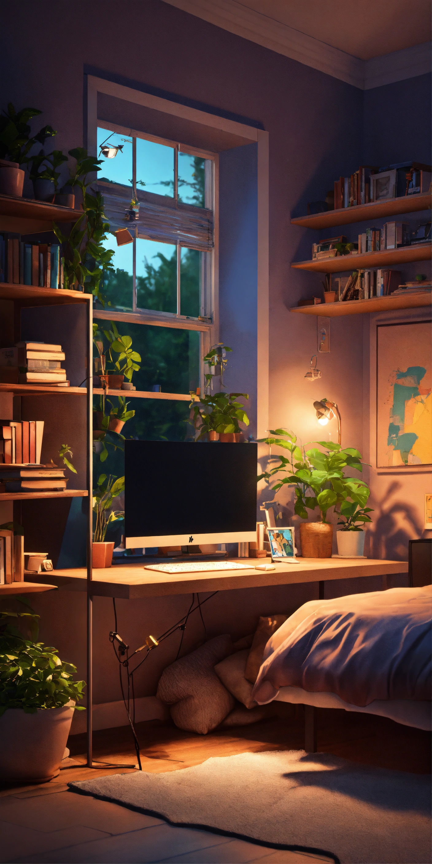 Lexica - Isometric render, nostalgic bedroom with a gaming pc, windows ...