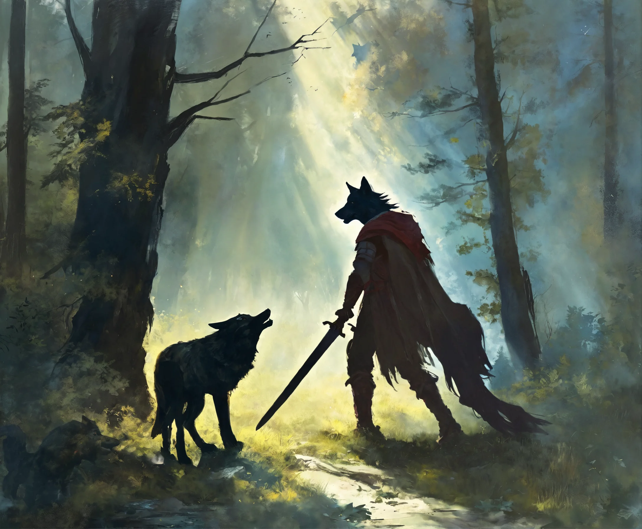 Lexica - In a quiet forest where sunlight danced hero held a sword in ...