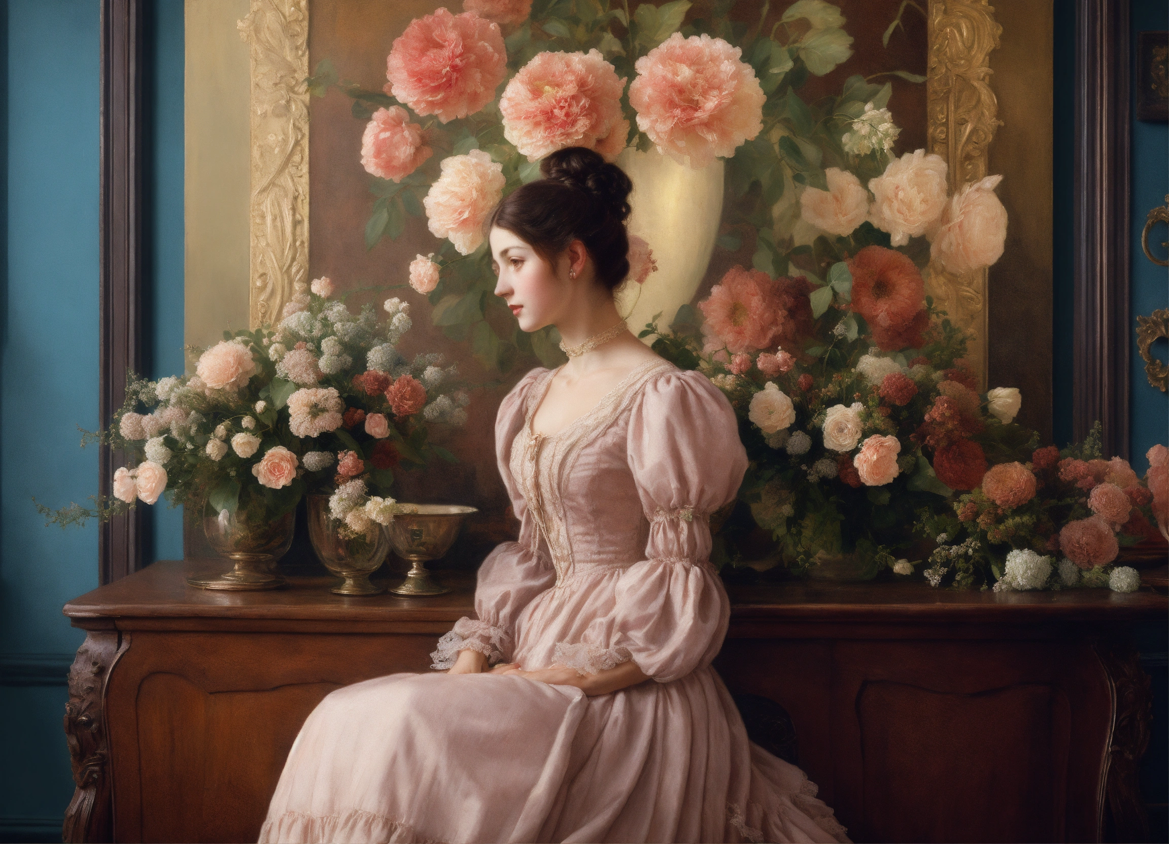 Lexica - Young and beautiful Victorian woman , floral arrangement with ...