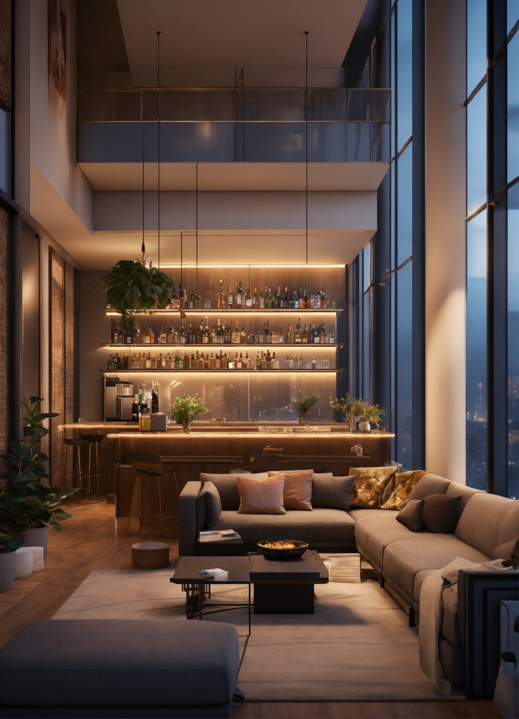 Lexica - Futuristic penthouse condo, first floor, bar, small kitchen, sectional couch, decor ...