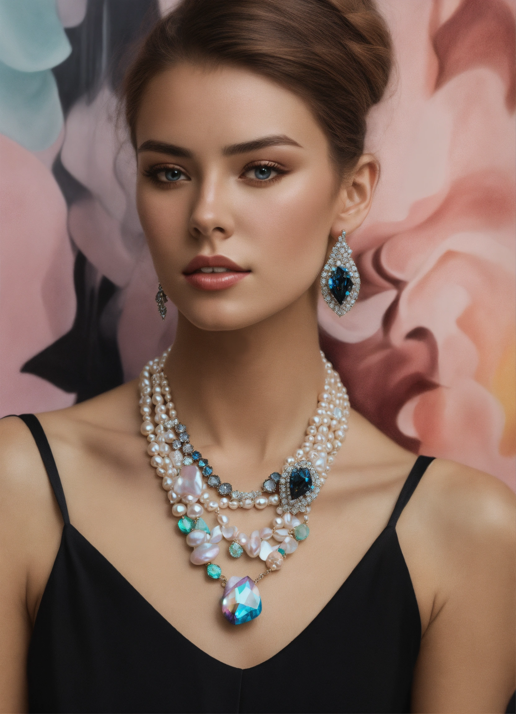 Lexica - Pearl necklace, modern art, model wearing the necklace, pastel ...