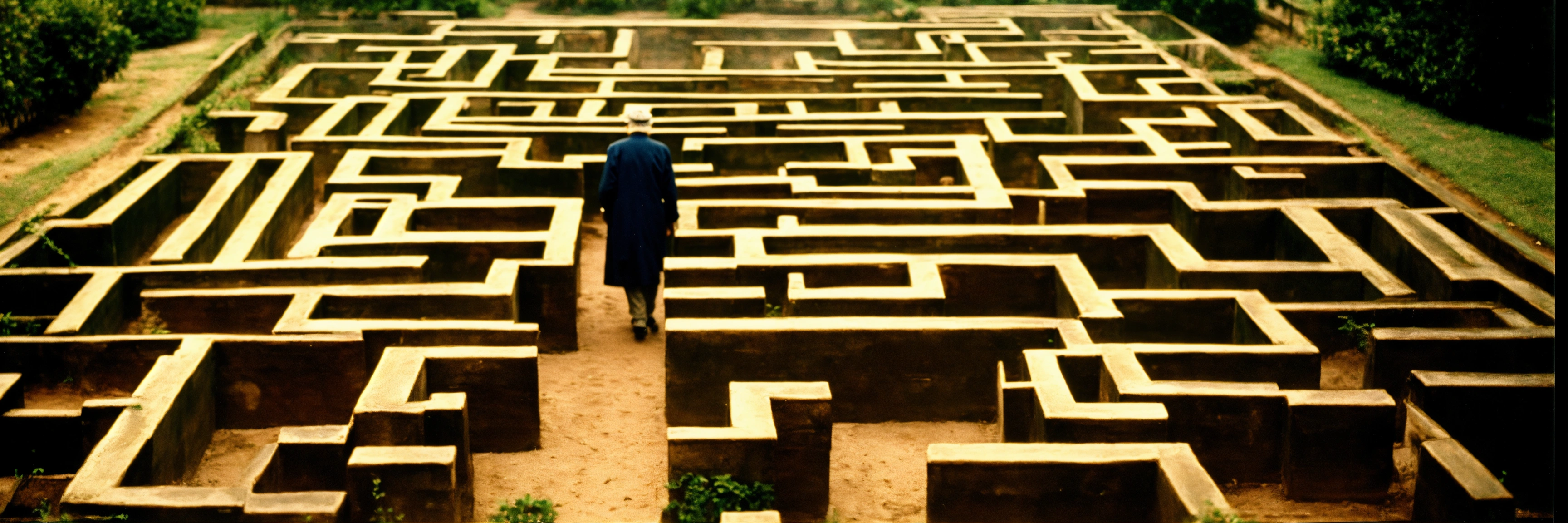 Lexica - Perfect symmetry!! vintage photo of old man trapped in a maze