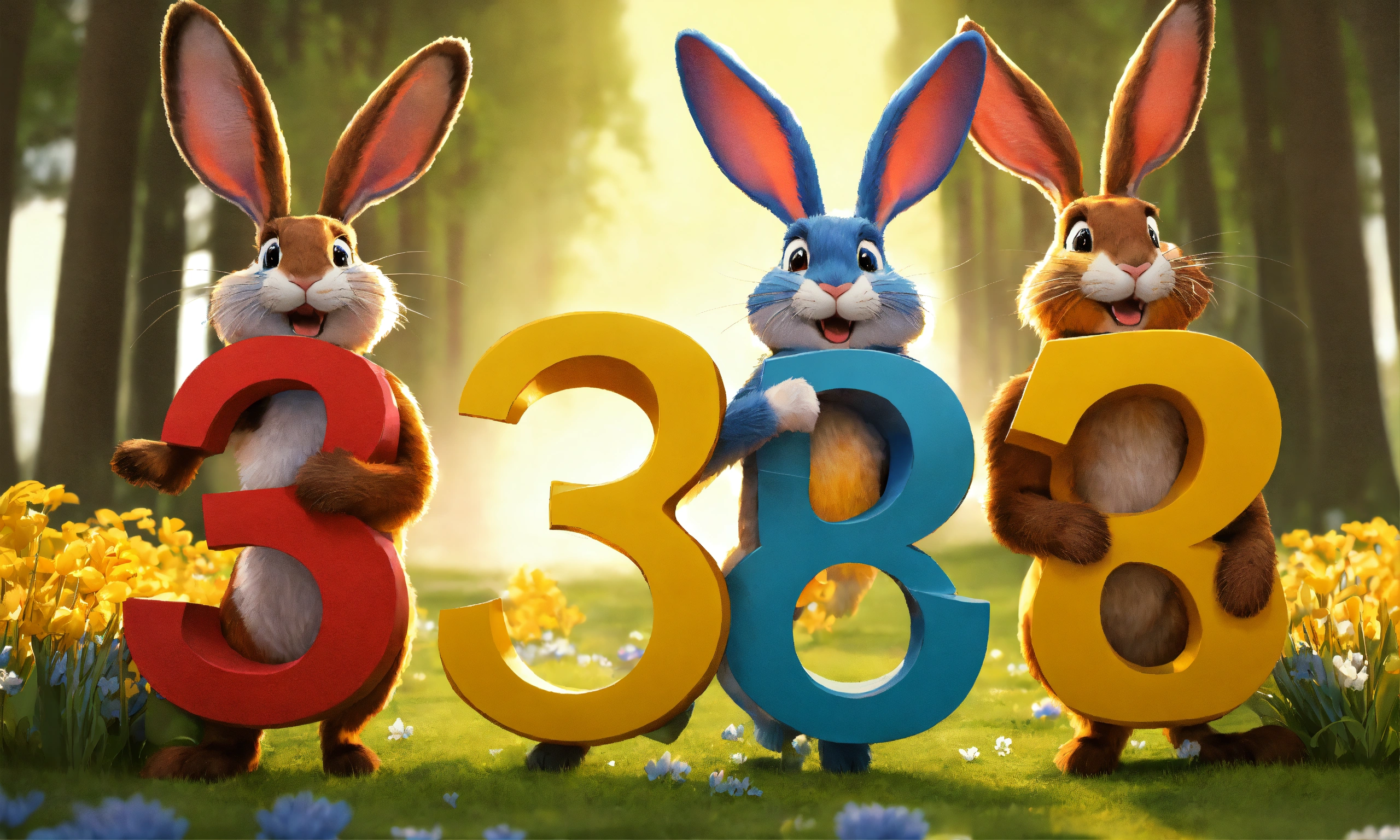 Lexica - Three cartoon style hares are holding a huge number three together