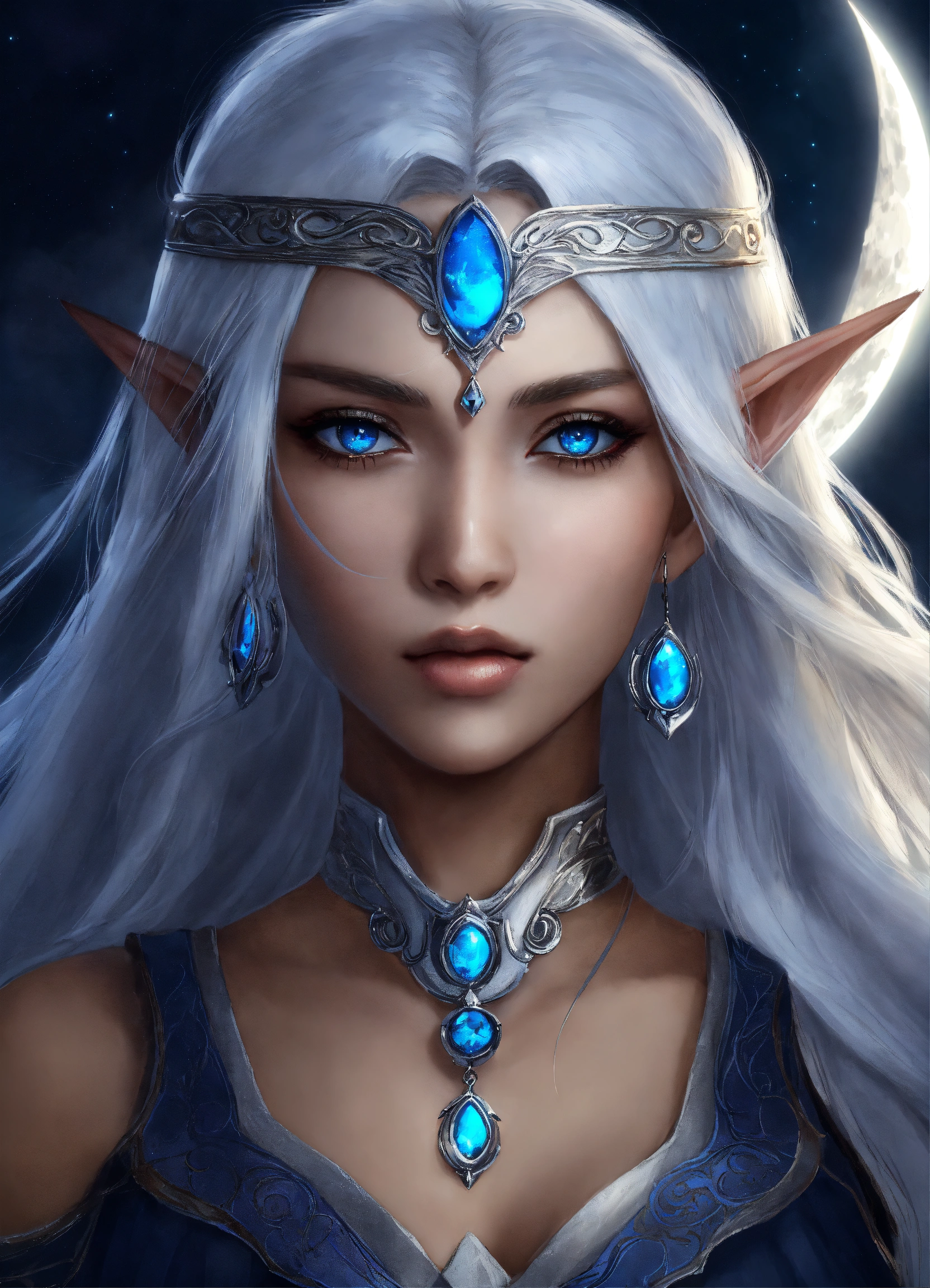 Lexica - A woman, moon, half elf,dark midnight skin, silver white hair, blue eyes