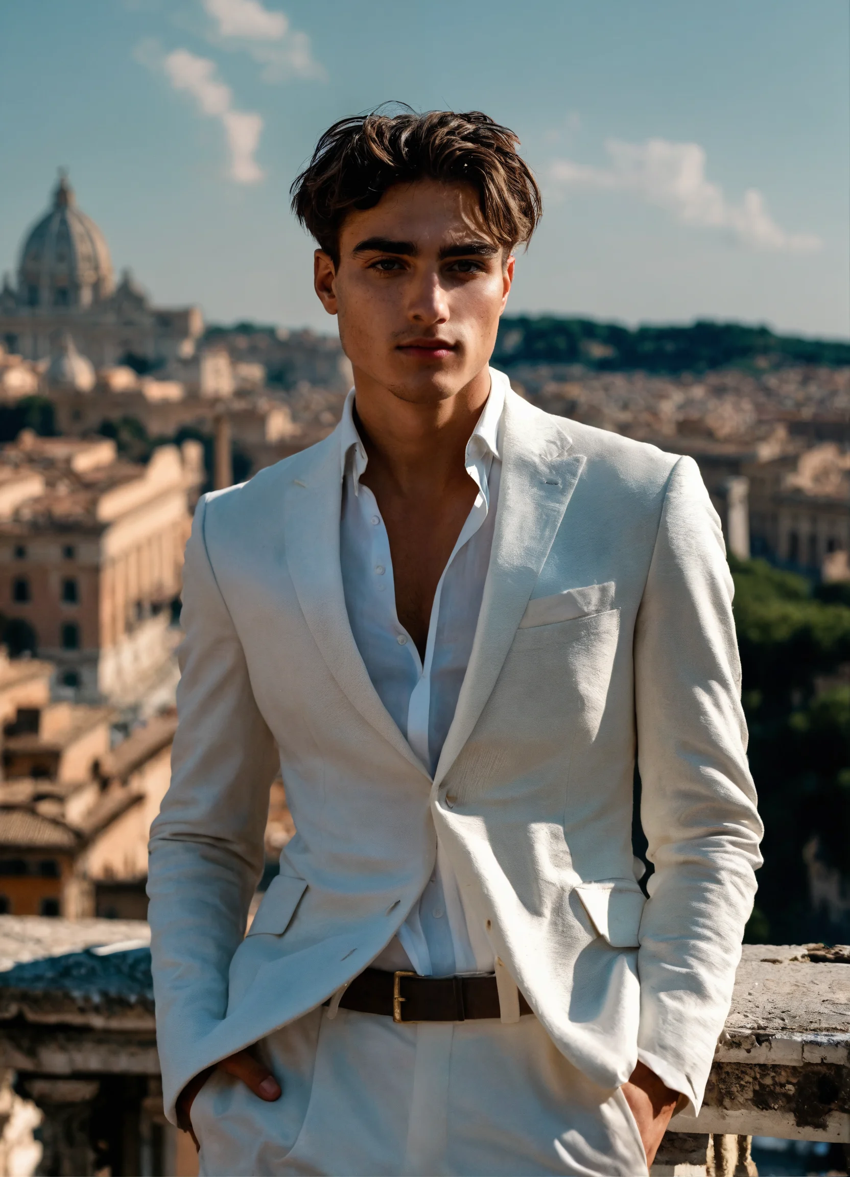 Lexica - Photo of one young male model in whiteclothes looking to the ...