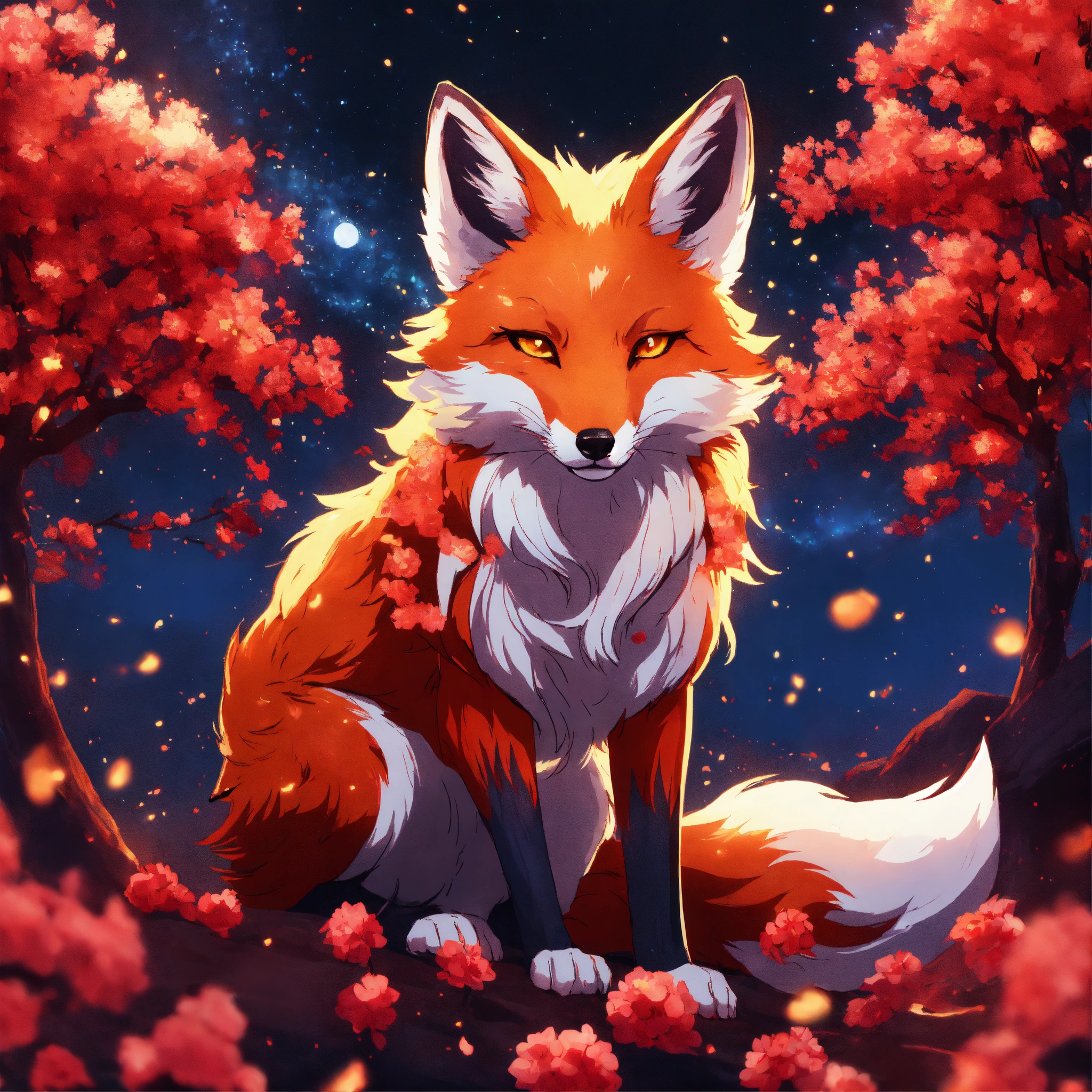 Lexica - Evil looking kitsune fox with flames coming out of it, surrounded by red blossom trees ...