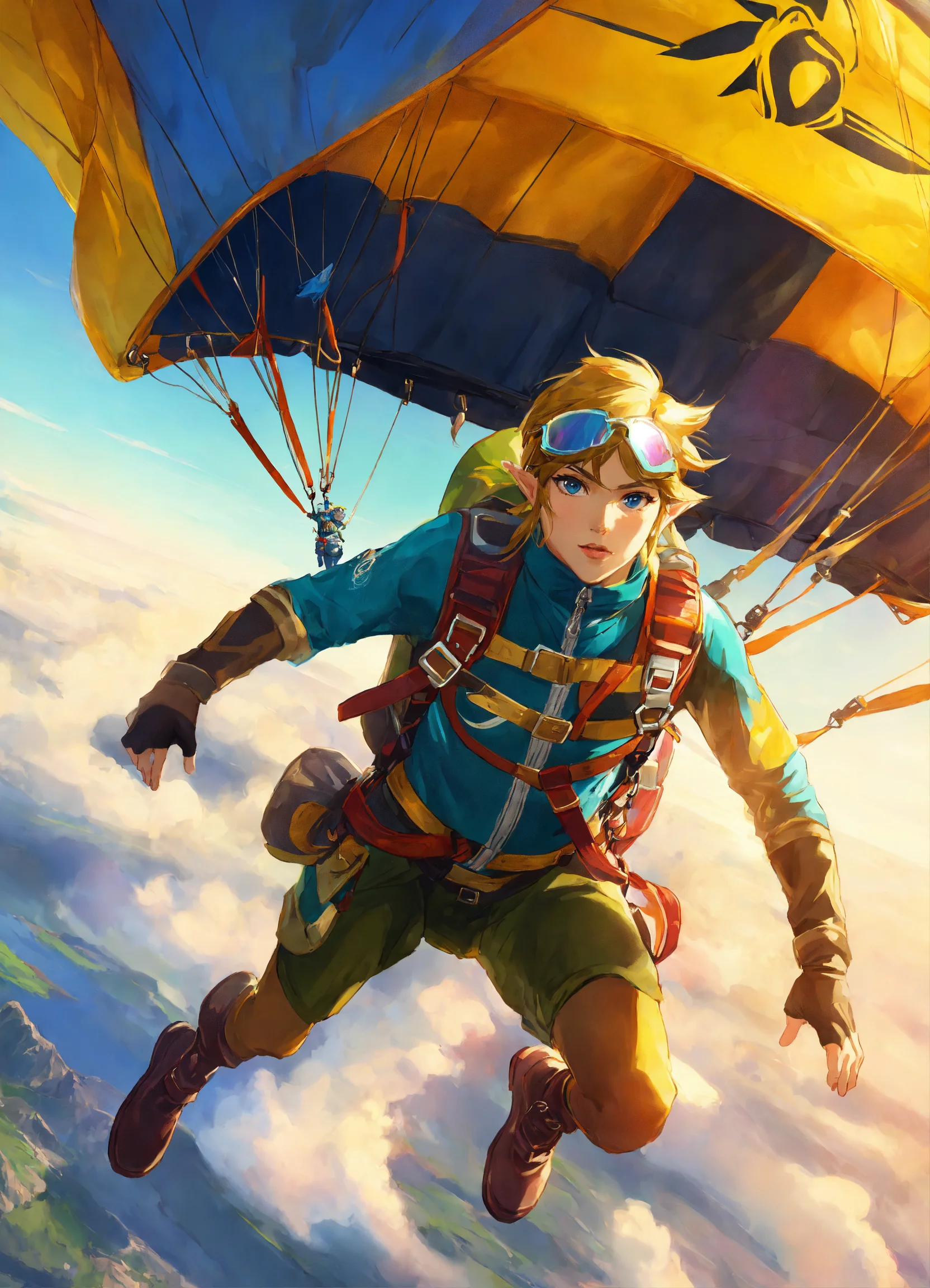 Lexica - Portrait of Link skydiving with a paraglider, in a black and ...