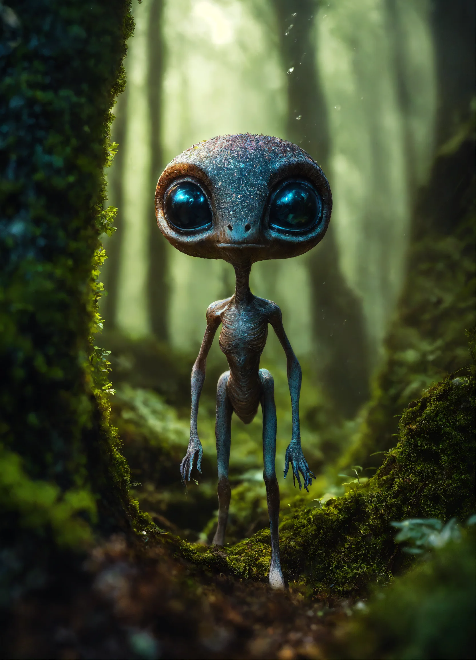 Lexica - A realiste grey alien , big eyes blacks , mushrooms in trees ...
