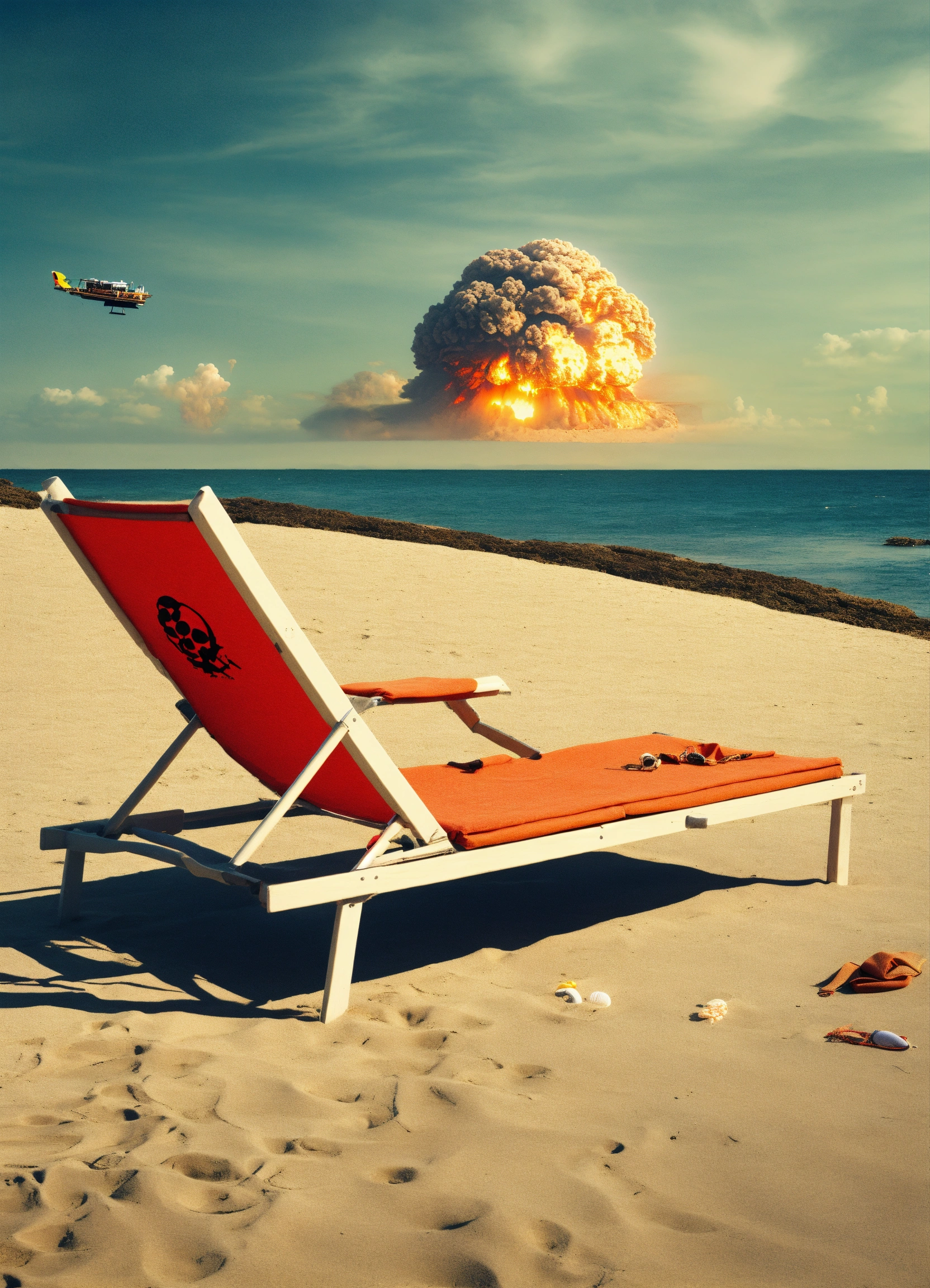 Lexica - Beach, skeleton lying on a sun lounger, large nuclear explosion