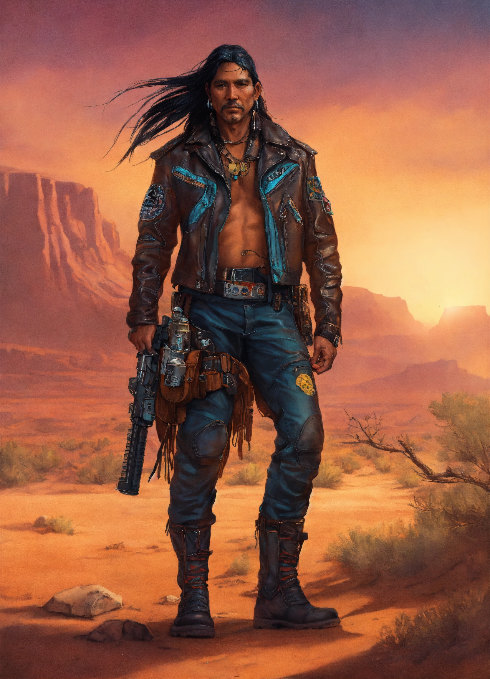 Lexica - Cyberpunk native American, mechanic 50 years old in leather ...